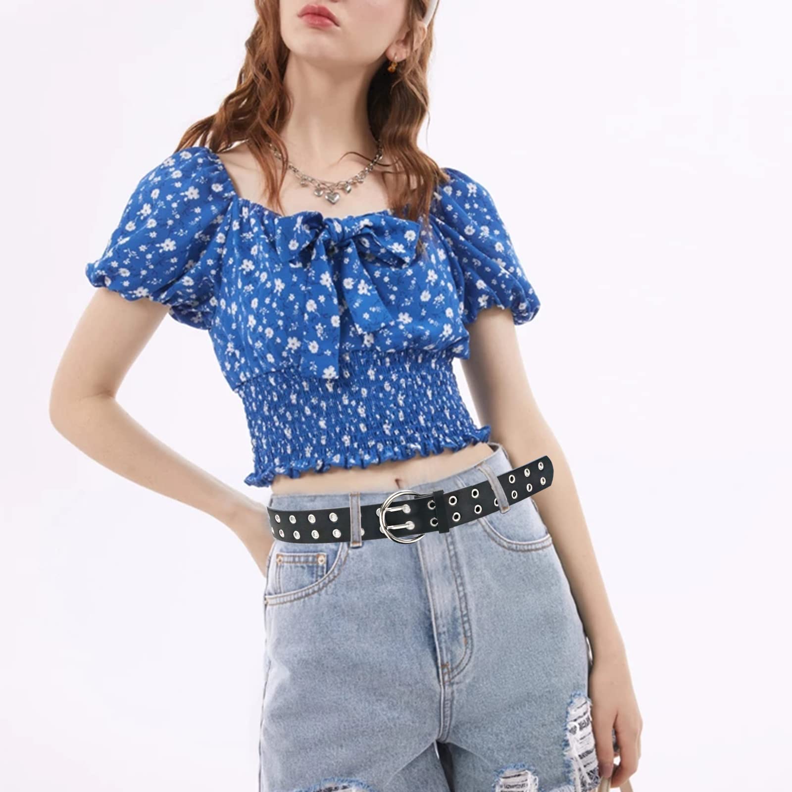 maikun Grommet Leather Belts for Women, Cute Black Belt, Studded Belt Punk Accessories,43" long, fit for waist size under 36"