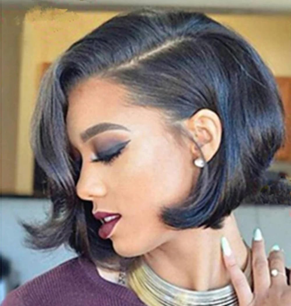 Pixie Cut Wigs Natural Black Color European Human Hair With Glueless Transparent Lace Front Wig color 1 8 Inches