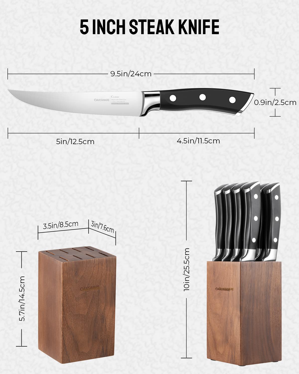 OAKSWARE Steak Knives Set of 8 with Walnut Block, 5 inch Non Serrated Steak Knife Set, 8 Pieces Straight Edge Kitchen Steak Knives - Forged German Steel - Full Tang Handle