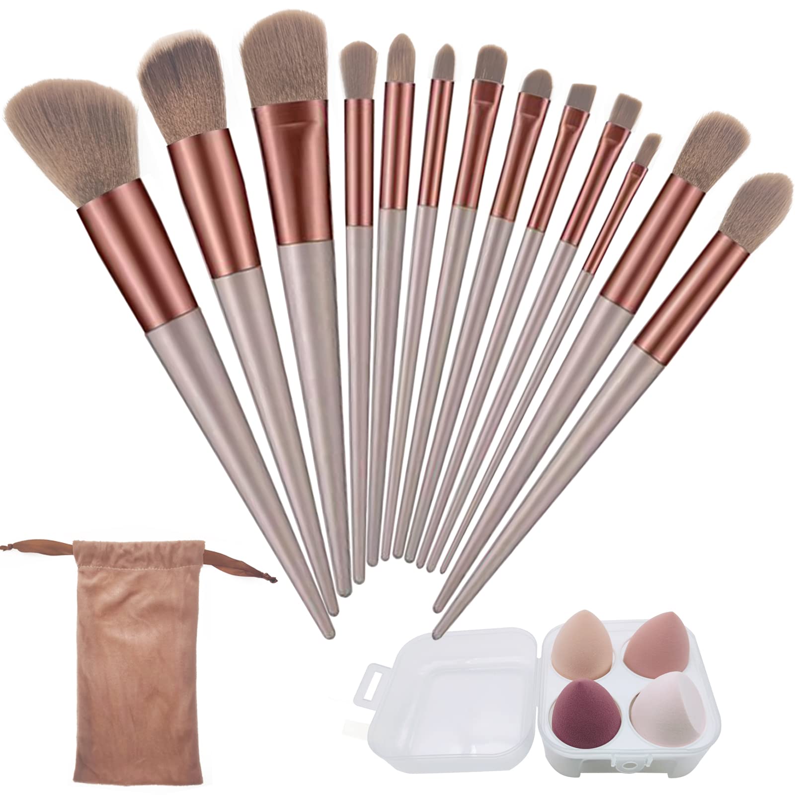 Muhuabeauty 13 pcs Makeup Brushes Set with Beauty Blender, Eyeshadow Brush Set with Cloth Bag and 4 pcs Boxed Makeup Sponges for Foundation