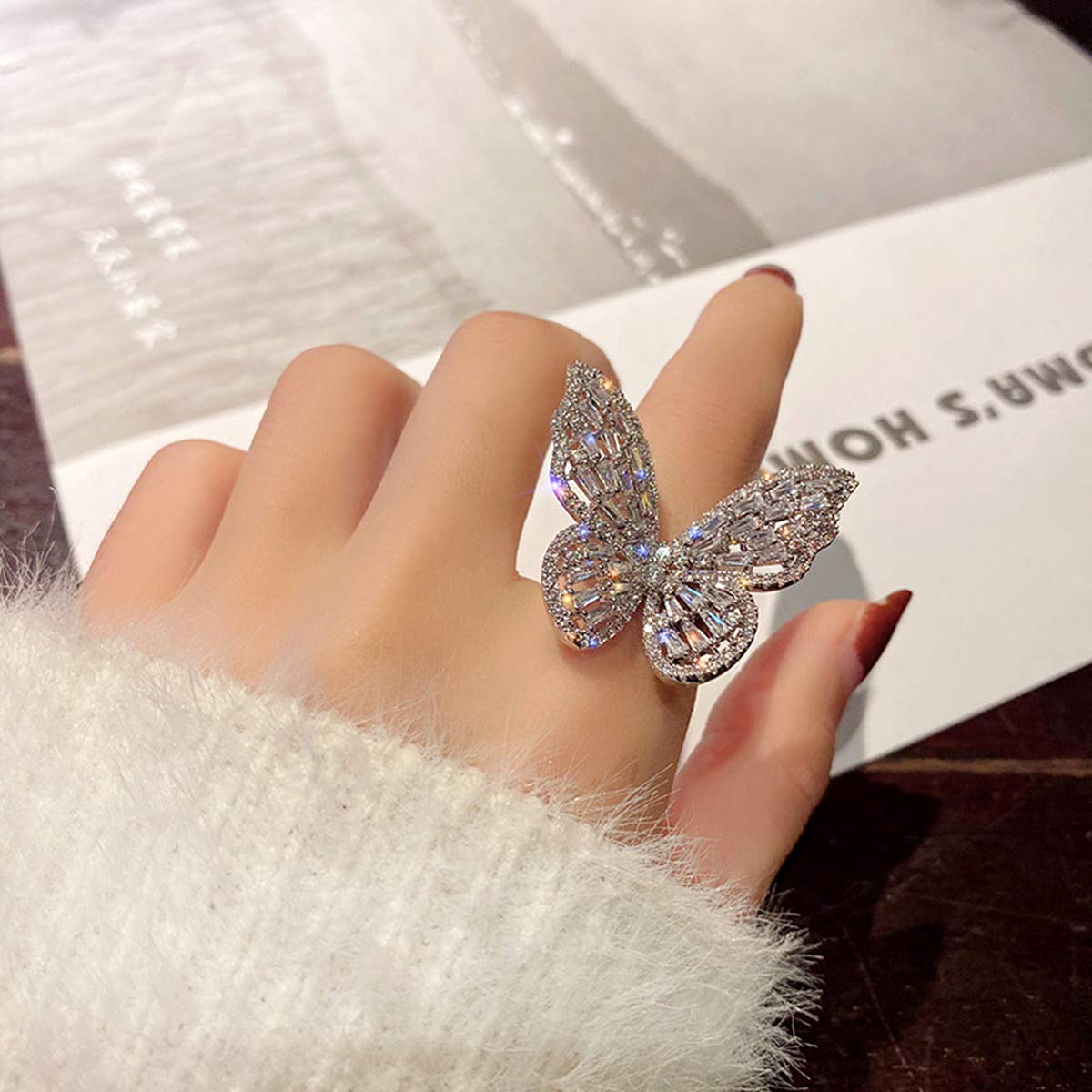 Leprato Sparkling Butterfly Ring Cubic Zirconia Bow-Knot Knuckle Ring Adjustable Open Statement Butterfly Ring Wedding Jewelry for Women