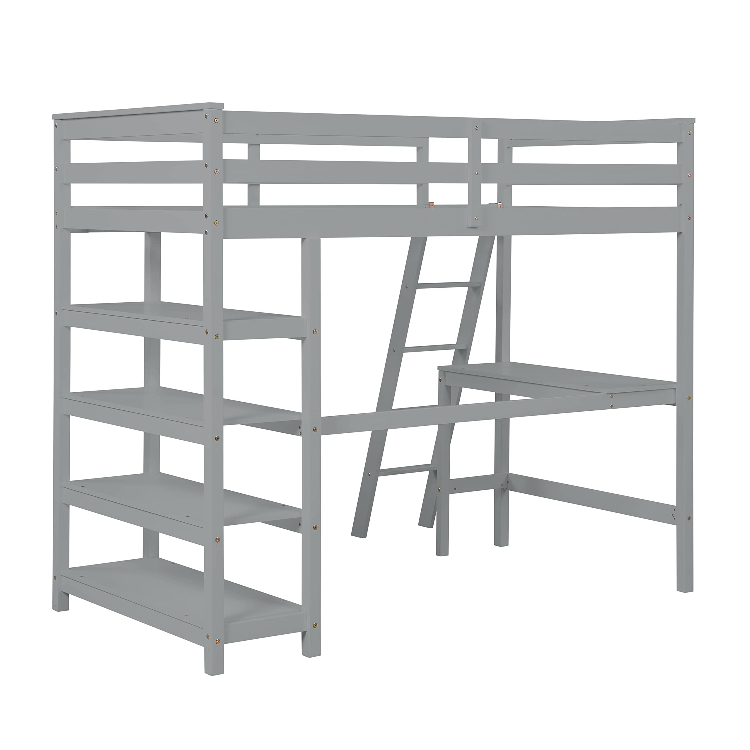 UOCFYK Twin Size Loft Bed with Desk,Solid Wood Loft Bed Frame w/Storage Shelves & Ladder for Kids Teens Bedroom,No Box Spring Needed,Super Save Space, Grey