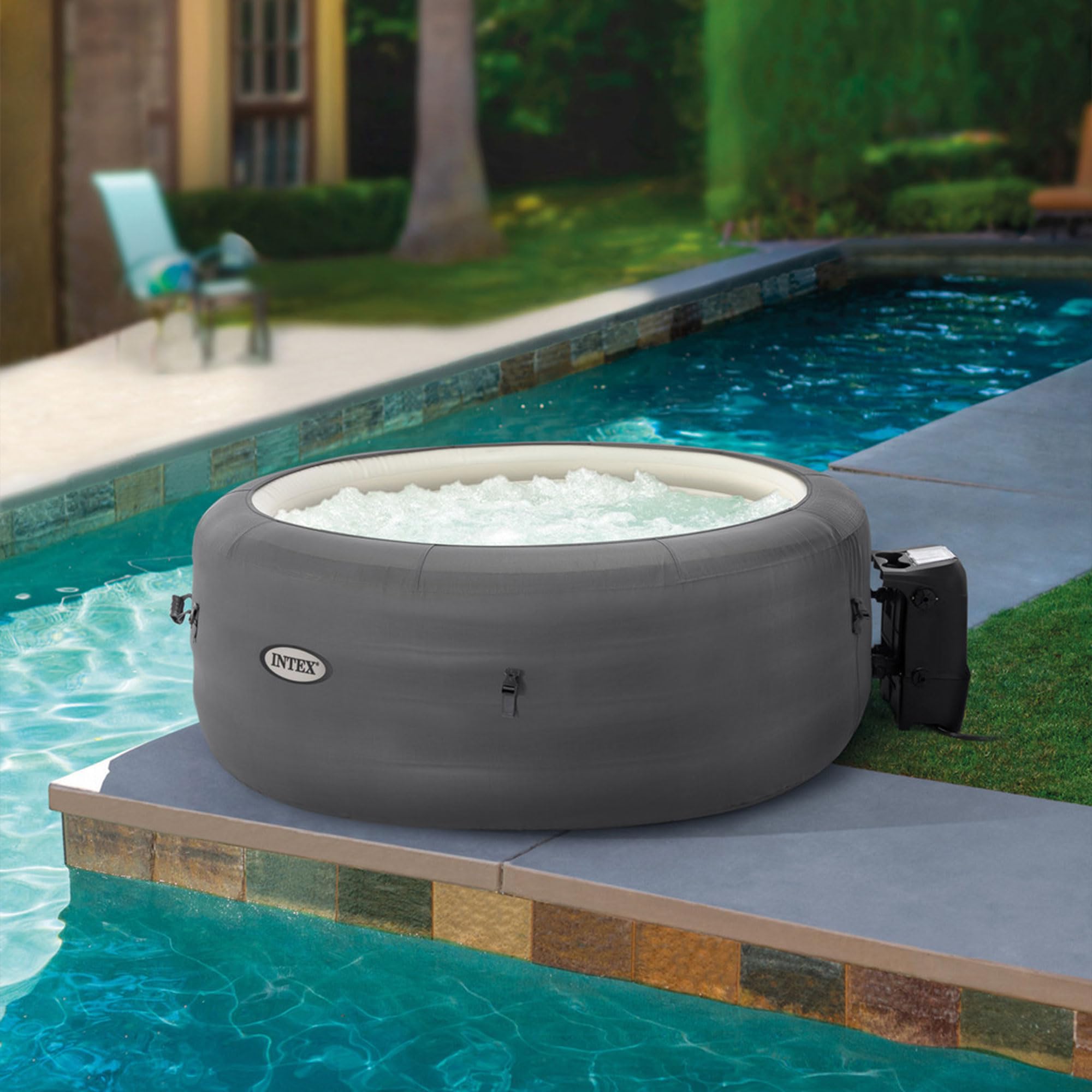 INTEX 28483E SimpleSpa Bubble Massage Spa: includes Insulated Cover β Built-in QuickFill Inflation β Soothing Jets β 4 Person Capacity β 77" x 26"