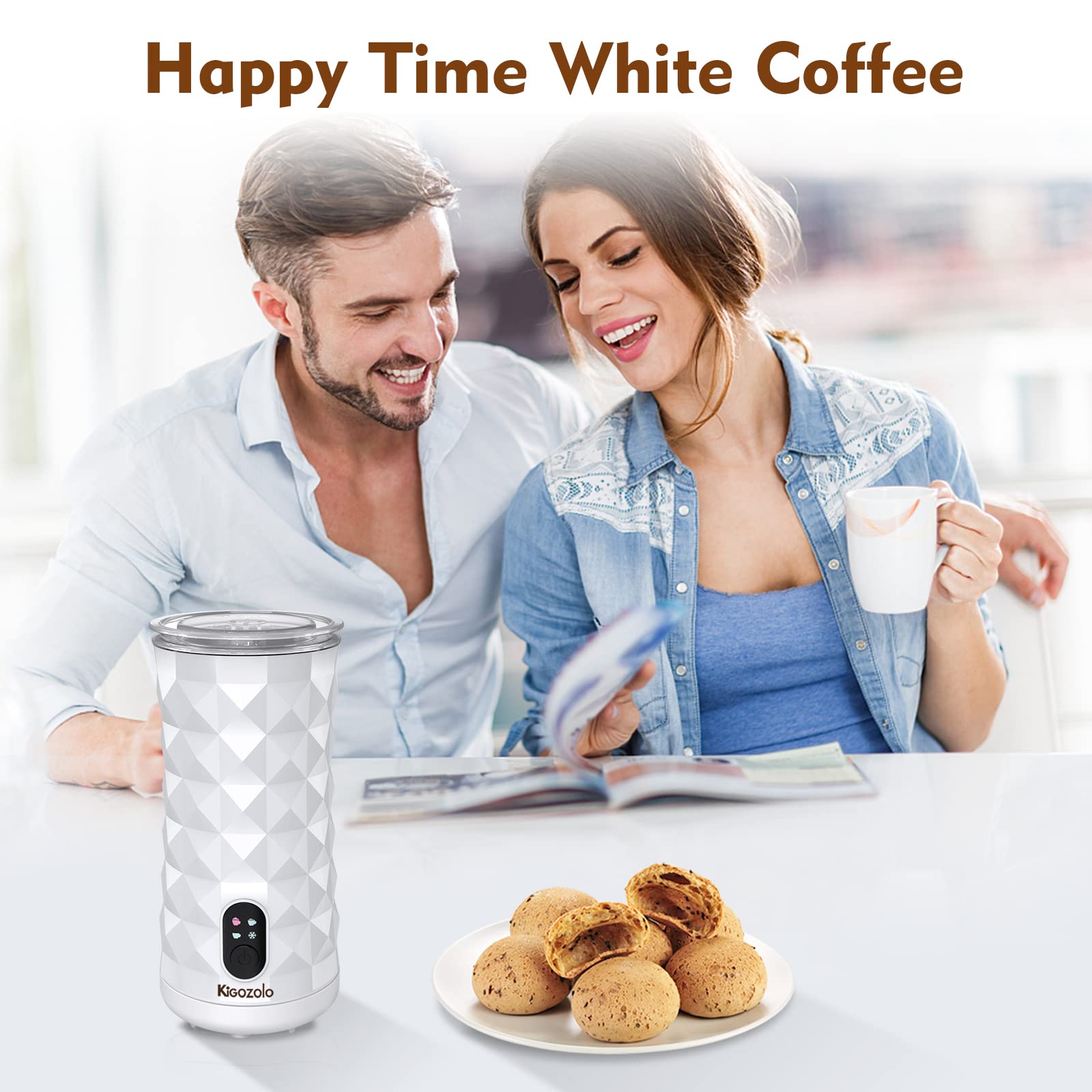 Milk Frother Electric Coffee Steamer Frother with 4 in 1 Quiet Operation,Effortless Foam,Unique Diamond Design,Temperature Control, and Auto Shut-Off Perfect for Coffee Lovers(white)