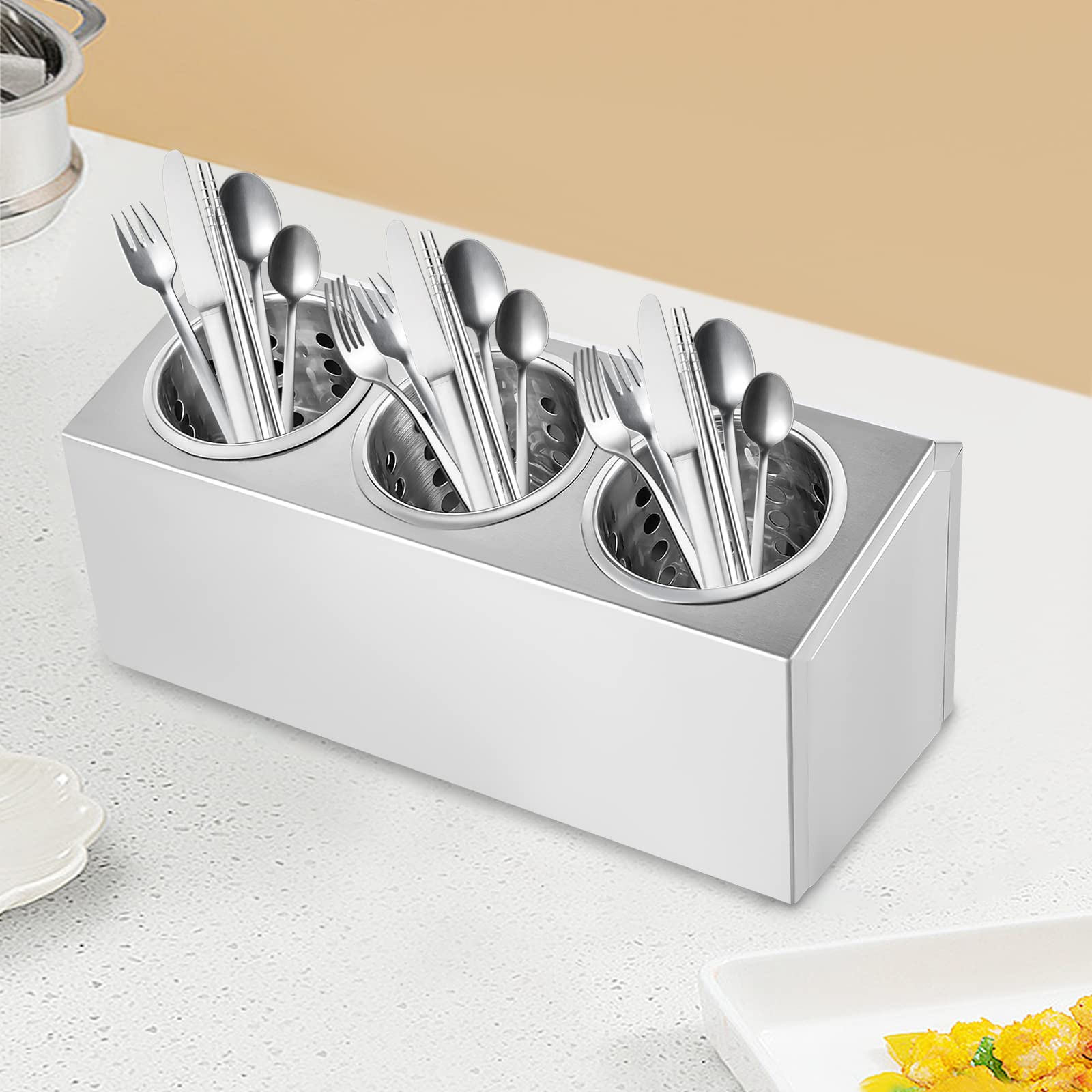 KOLHGNSE 3 Pack Compartment Utensil Holder, Stainless Steel Cylinder Flatware Silverware Organizer Caddy for Spoons, Knives and Forks, Great for Kitchen Cabinet