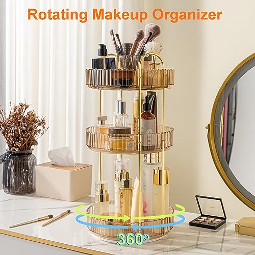 LAECHATAR Rotating Makeup Organizer for Vanity 3 Tiers, Large Capacity Skincare Organizers and Storage, Perfume Organizer Countertop, Spinning Bathroom Lazy Susan (Vintage Gold)
