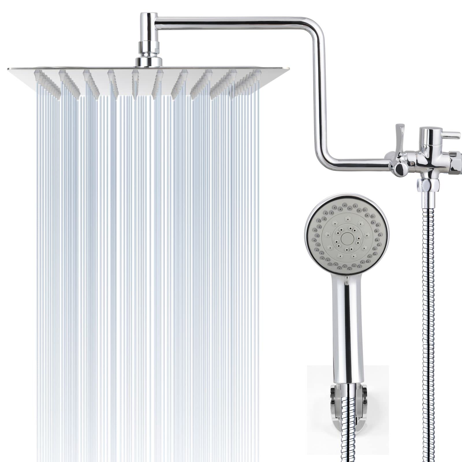Nuodan Dual Shower Head, 10'' High Pressure Rain Shower Head / 5 Spray Handheld Showerhead Combo with 14'' Adjustable Shower Extension Arm, Hose and Adhesive Shower Holder (Chrome)