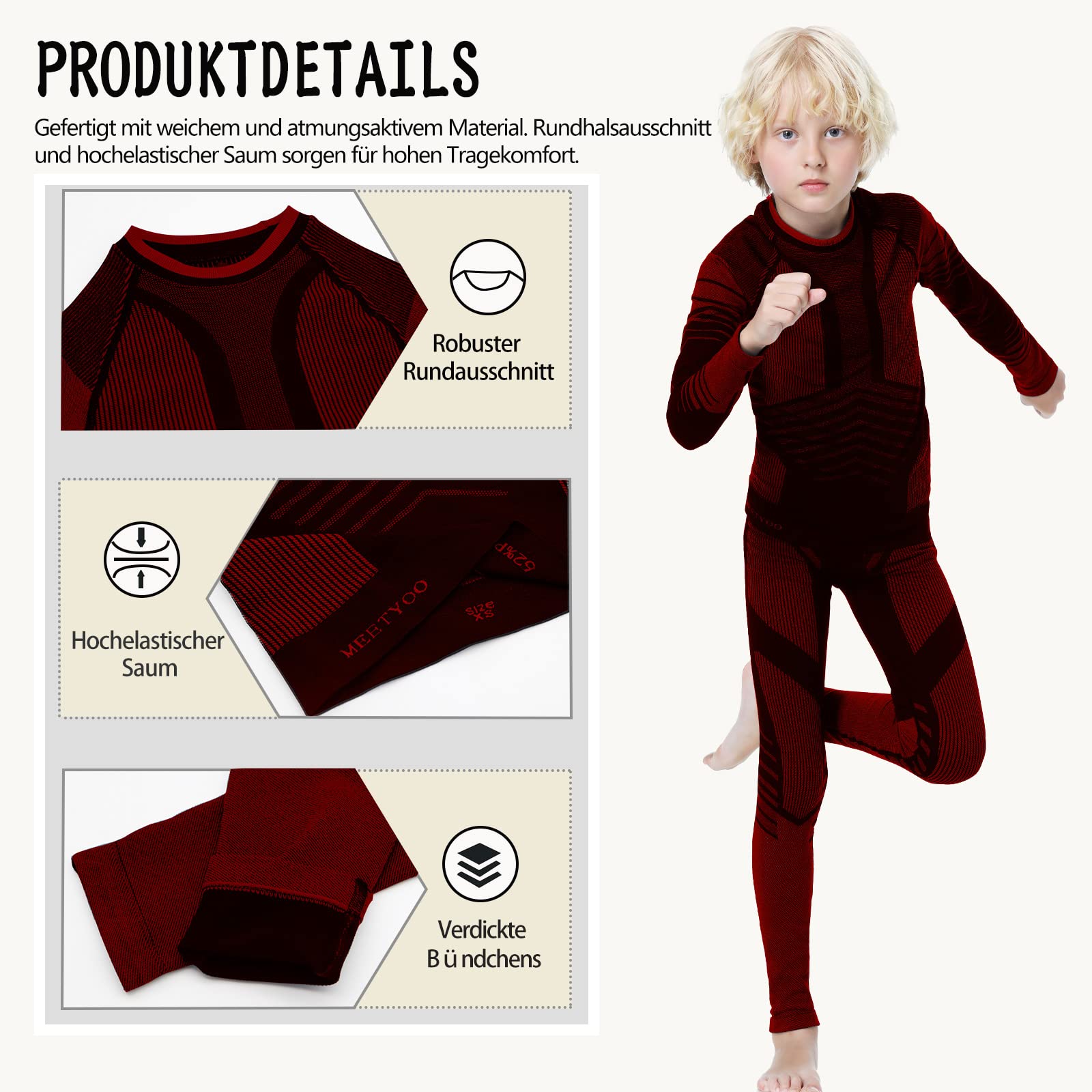 MEETYOO Thermal Underwear Set for Kids, Seamless Long Johns for Boys, Ski Base Layer Leggings & Shirt for Child 6-15 Years Red