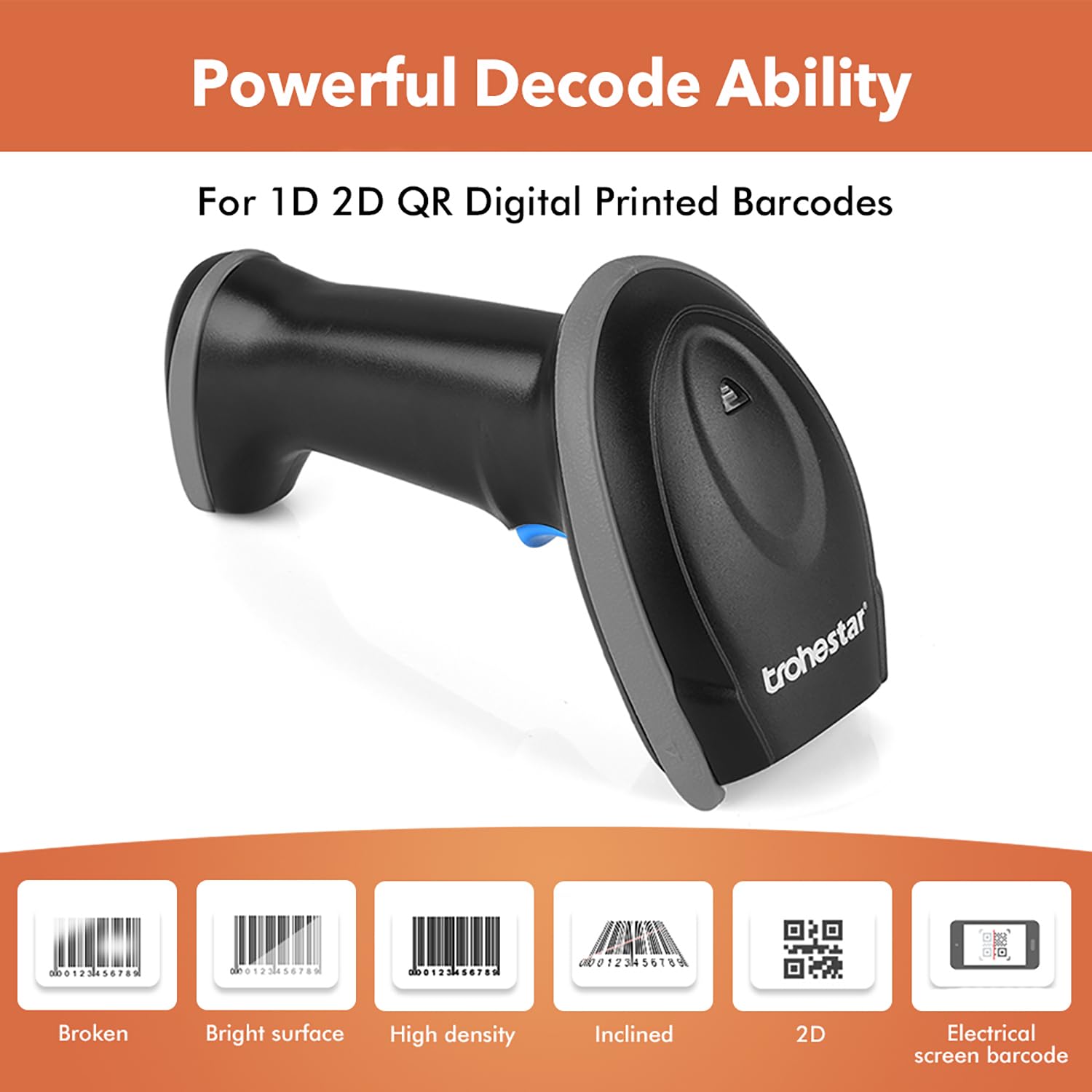 Trohestar Wireless 1D 2D QR Barcode Scanner, Compatible with Bluetooth Function & 2.4GHz Wireless & Wired Connection Bar Code Reader Scanner with Charging Cradle for Supermarket Retail Warehouse