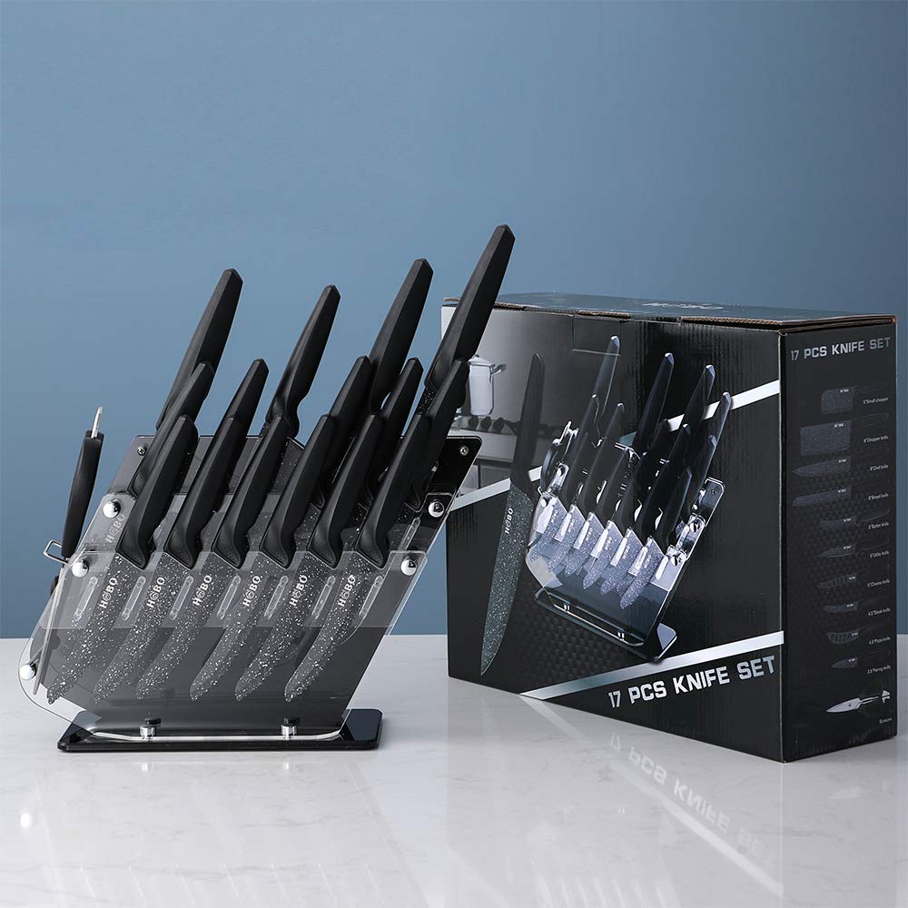 Knife Set, HOBO 17-Piece Kitchen Knives Set, German Stainless Steel Chef Knife Set with Acrylic Block, 6 Steak Knives, Professional Non-Slip Handle, Kitchen Scissors, Cooking Black Knife Set