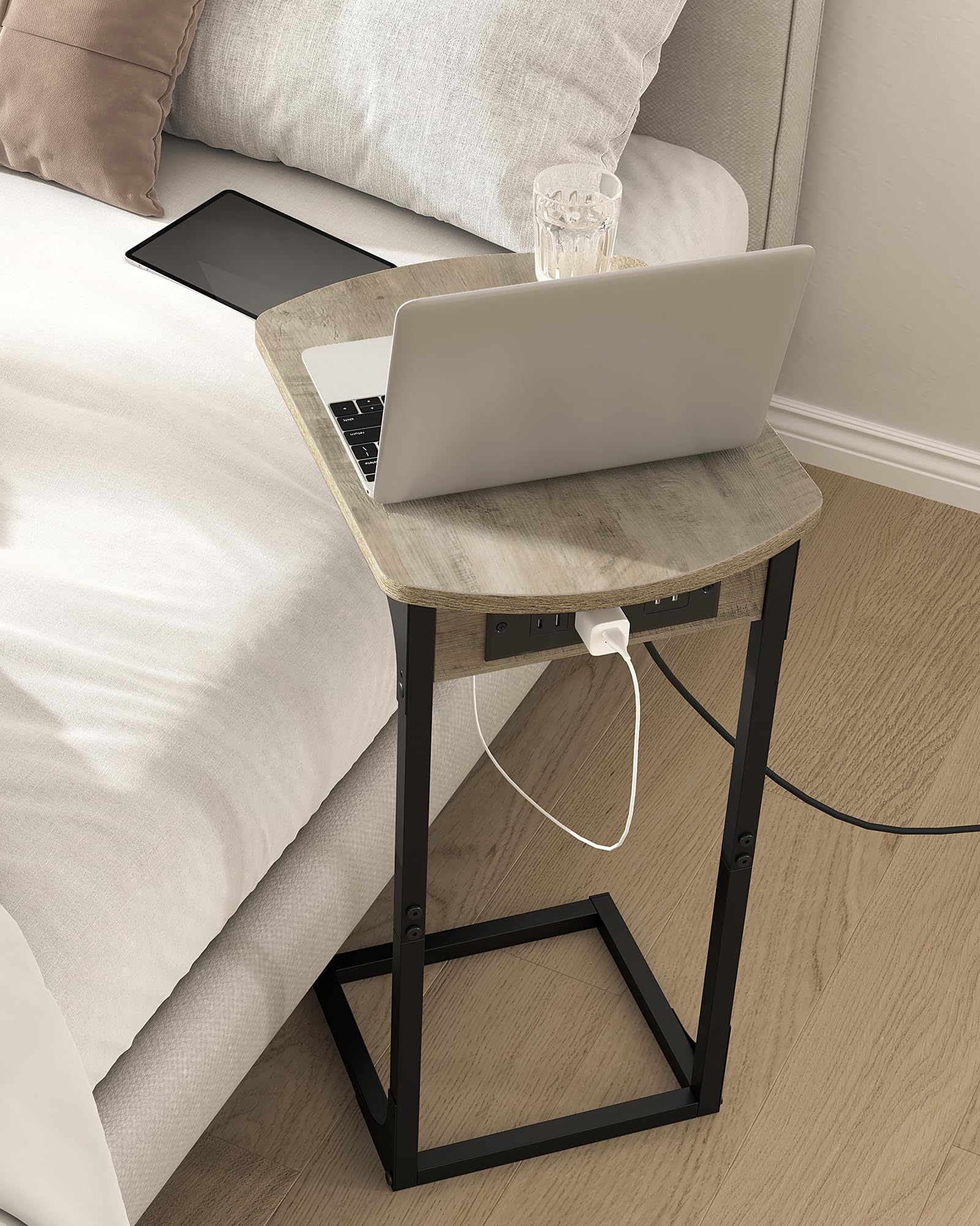 Hzuaneri L Shaped End Table with Charging Station, Bed Side Table with USB Port & Outlet, Couch Table, C Snack Table for Living Room, Bedroom, Greige and Black ET04905B