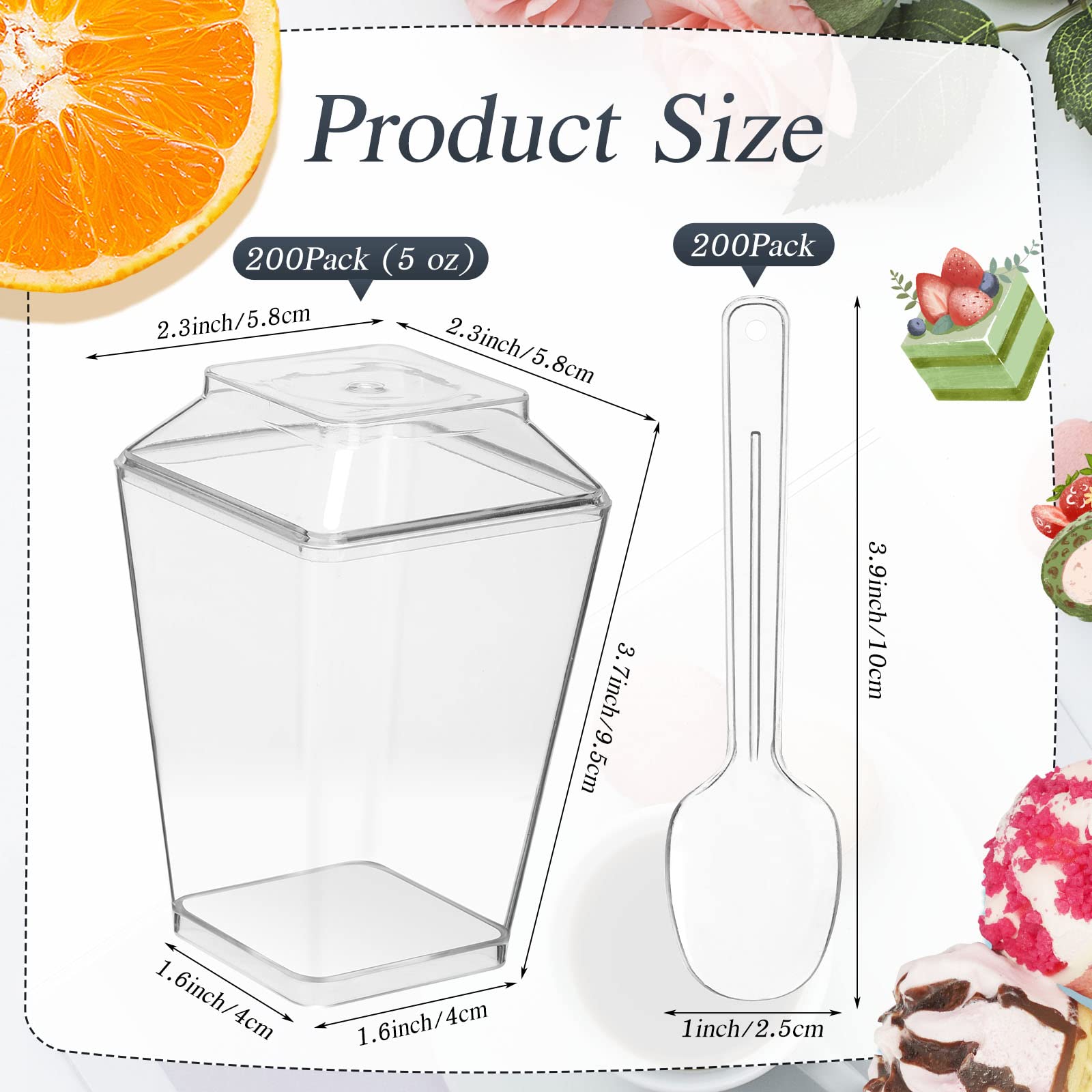 Mimorou 200 Pack 5 oz Dessert Cups with Lids and Spoons Square Clear Plastic Appetizer Cups Parfait Cups Dessert Shot Glasses for Party Wedding Birthday Desserts Appetizers Puddings Mousse