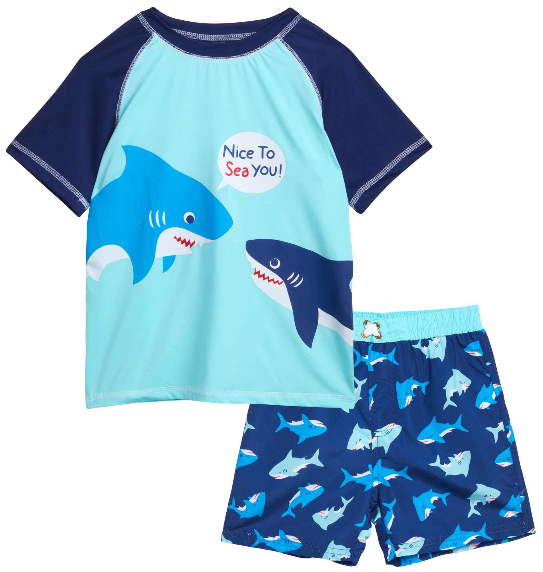 Quad Seven Baby Boys' Rash Guard Set - 2 Piece Bathing Suit Trunks and Rash Guard Swim Shirt (2T-7), Size 2T, Navy Shark/Fishies