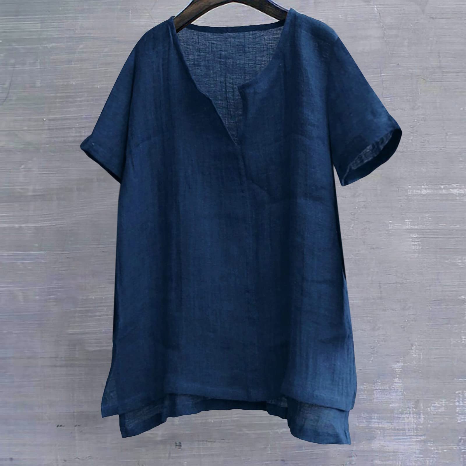 Mens Short Sleeve Shirts Linen Button Down Beach Yoga Casual Summer Shirts Cuban Camp V Neck Solid Shirt Tops(A2/Dark Blue,4XL)