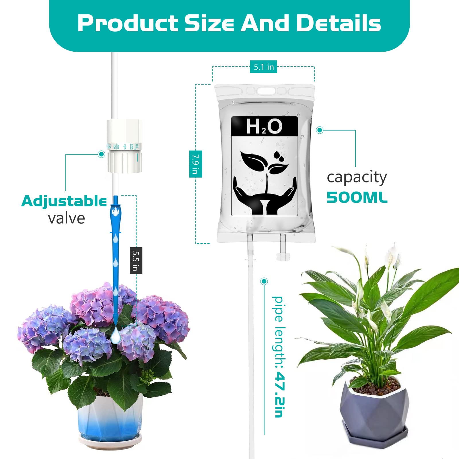 Plant Self Watering Spike with Water Storage Bag, Automatic Plant Watering Devices, Plant Self Waterer System with Adjust Valve Water Volume, Plant Drip Watering Non-Stop for Home/Holiday-3 Pack