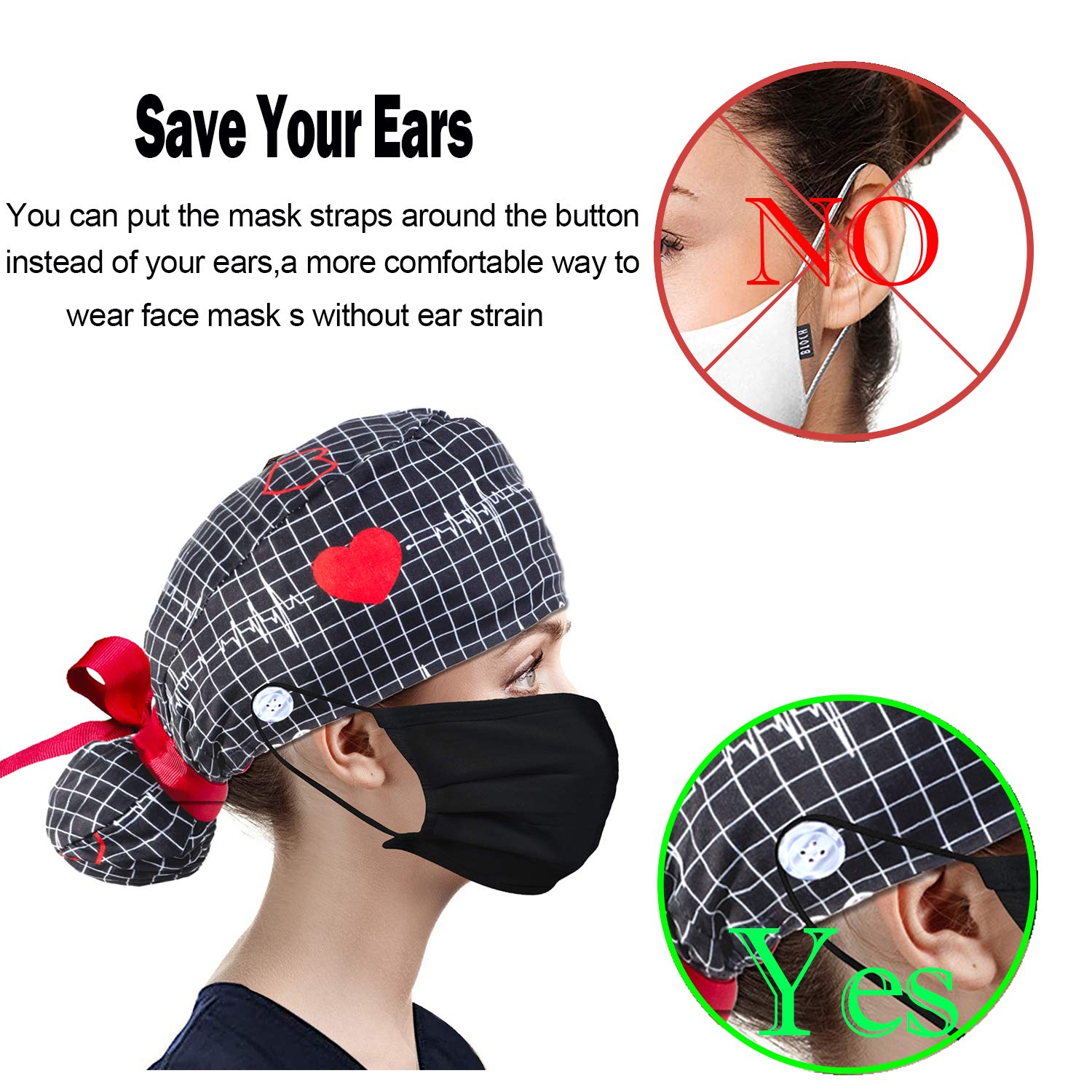 KOHOTA Working Cap with Button for Women Ponytail Holder Working Hat Bouffant Hats Long Hair… White
