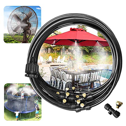 Shinea Misting Cooling System 32.8ft with 12 Copper Metal Mist Nozzles and a Connector(3/4โ) for Trampoline Patio Garden Greenhouse waterpark (32.8ft, Brass)