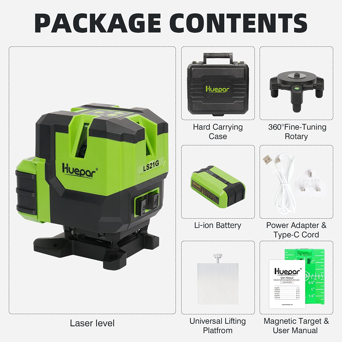 Huepar Multi-Line Laser Level-360° Floor Horizontal and Two Vertical Lines with Plumb Dot, Green Cross Line Self-leveling Laser Tool-Rotating Base, Lifting Base, Li-ion Battery&Hard Carry Case LS21G