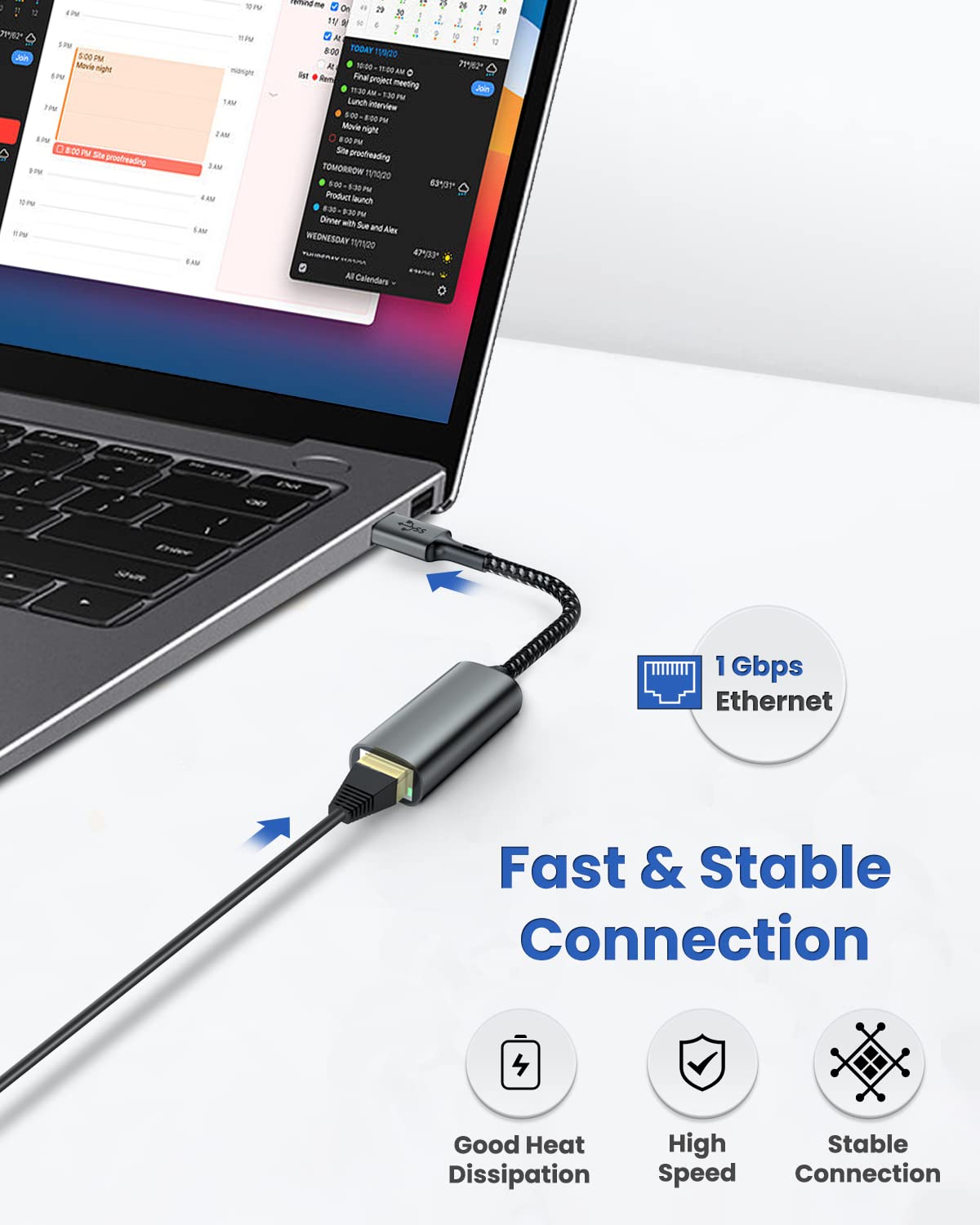 OQTIQ USB to Ethernet Adapter, Aluminum Portable USB 3.0 to Gigabit Ethernet LAN Network Adapter, RJ45 Internet Adapter Compatible with MacBook, Surface, Windows, XP, Vista, Linux and More