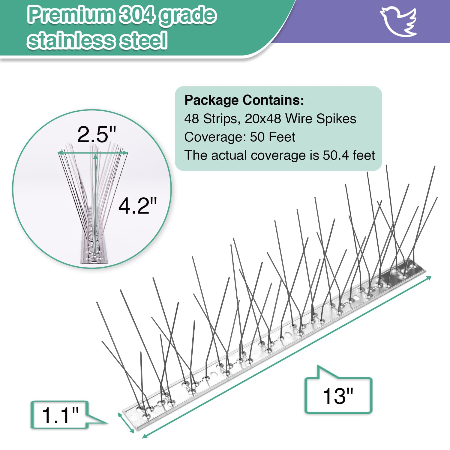 XPCARE 50.4 Feet Bird Spikes, Stainless Steel Bird Spikes Fence Spikes for Crow Robin Pigeon Squirrel Raccoon Defender Spikes (48 Packs Uninstalled)
