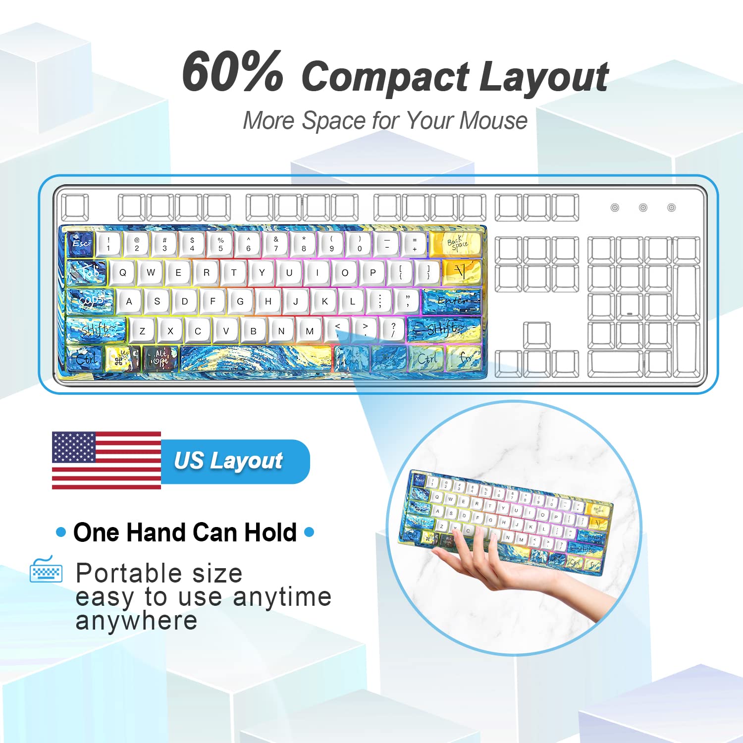 MIHIYIRY M61 60% Mechanical Gaming Keyboard, Ultra-Compact Hot Swappable Red Switch Gaming Keyboard with RGB Backlit for Windows and Mac (Outemu Red Switch, Starry Night)