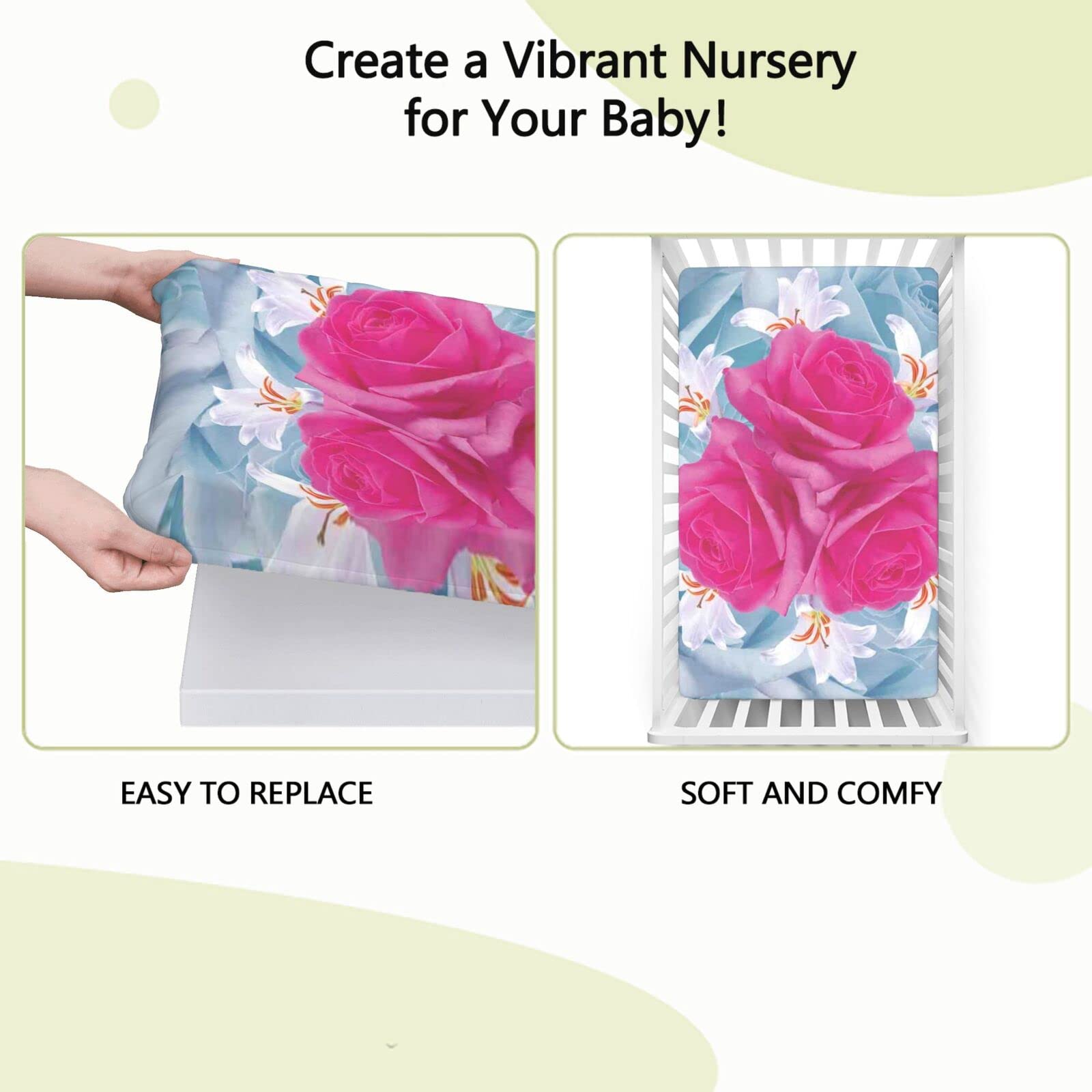 Rose Themed Fitted Crib Sheet,Standard Crib Mattress Fitted Sheet Soft & Stretchy Fitted Crib Sheet-Baby Crib Sheets for Girl or Boy,28β x52β,Fuchsia Blue