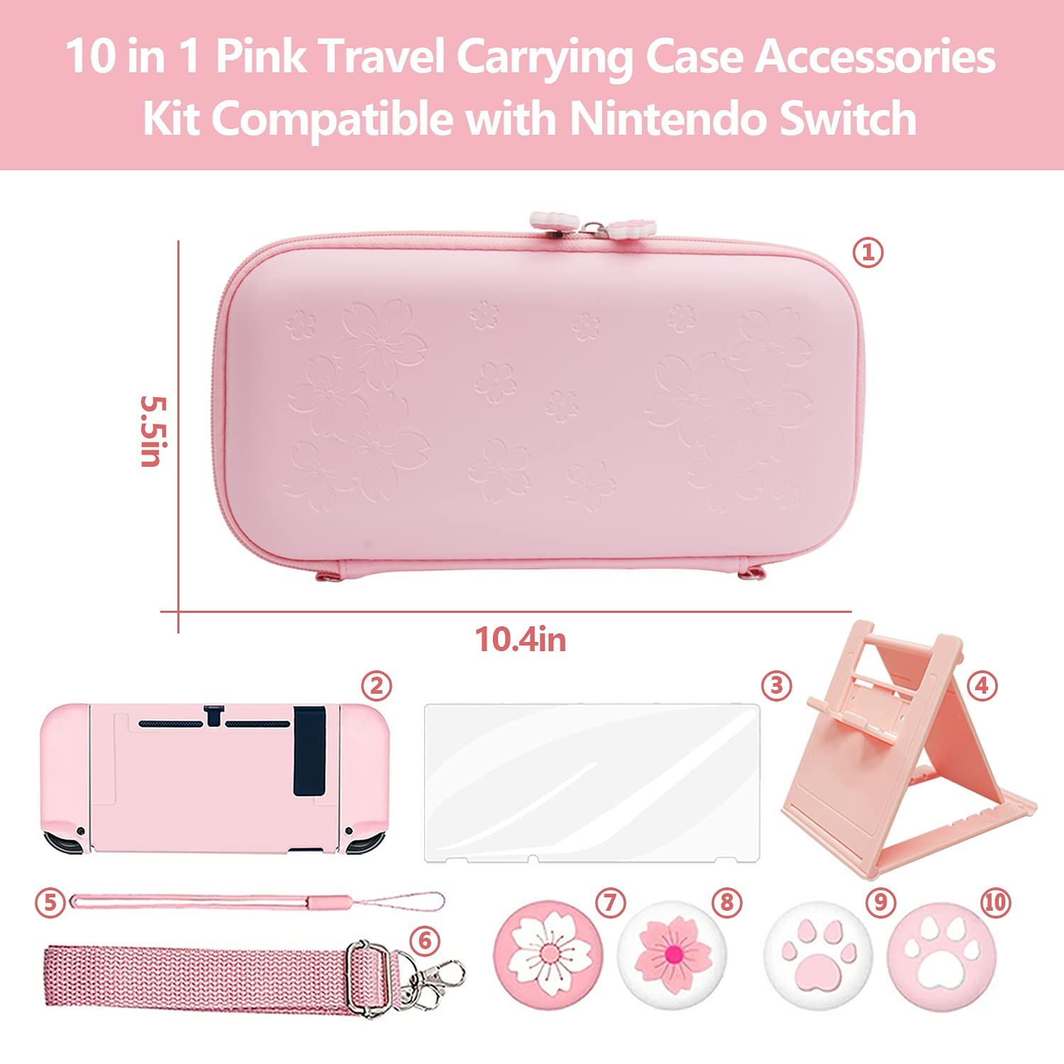 Laishalaiku Pink Protective Carrying Storage Case Accessories Kit Compatible with Nintendo Switch - Hard Protective Cover | Glass Screen Protector | Adjustable Stand | Thumb Grip Caps (10 in 1)