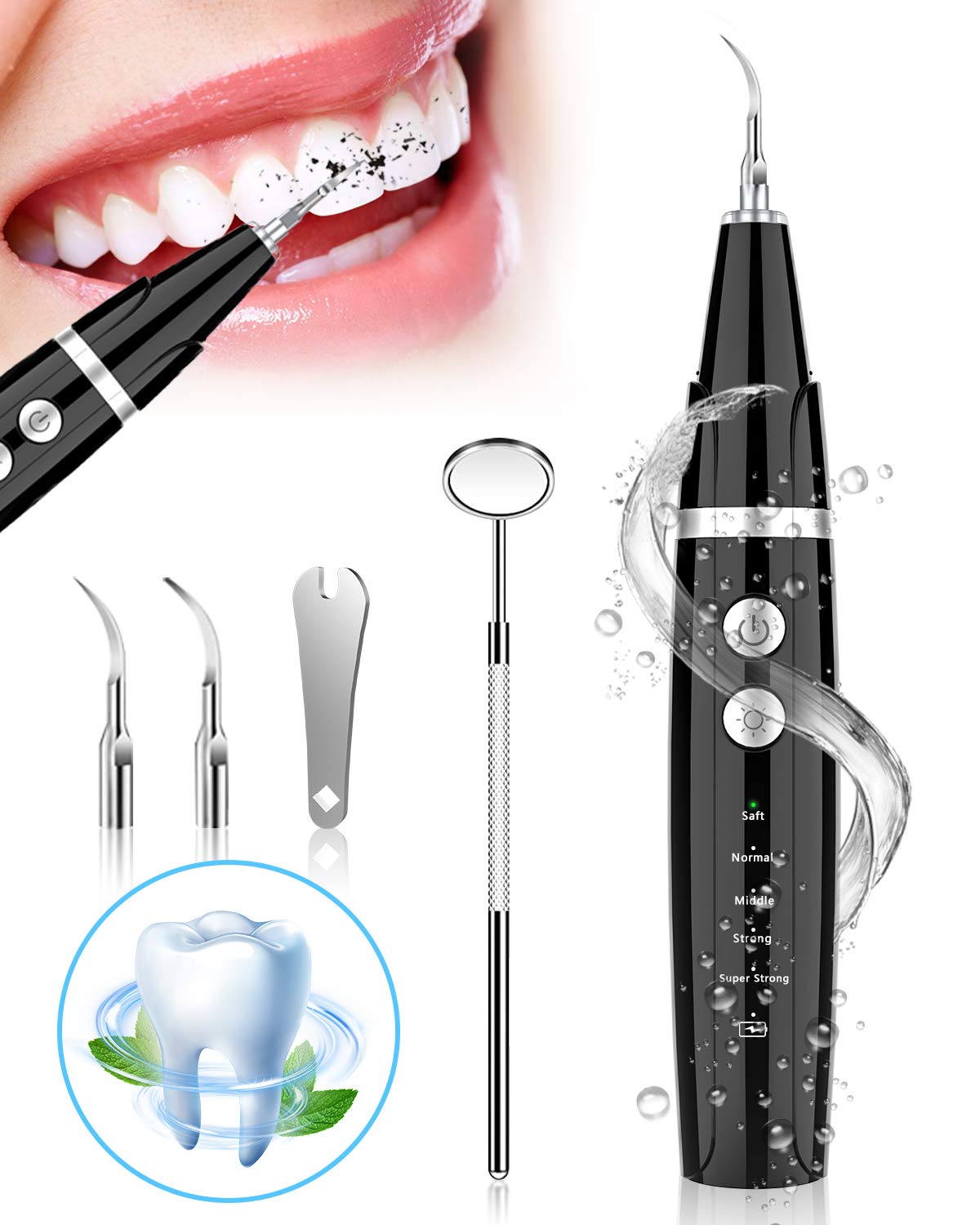 Plaque Remover for Teeth Cleaning Kit, Tartar Remover for Teeth Dental Tools with LED 3 Adjustable Modes 2 Replaceable Clean Heads Safe for Adult Kids Blue