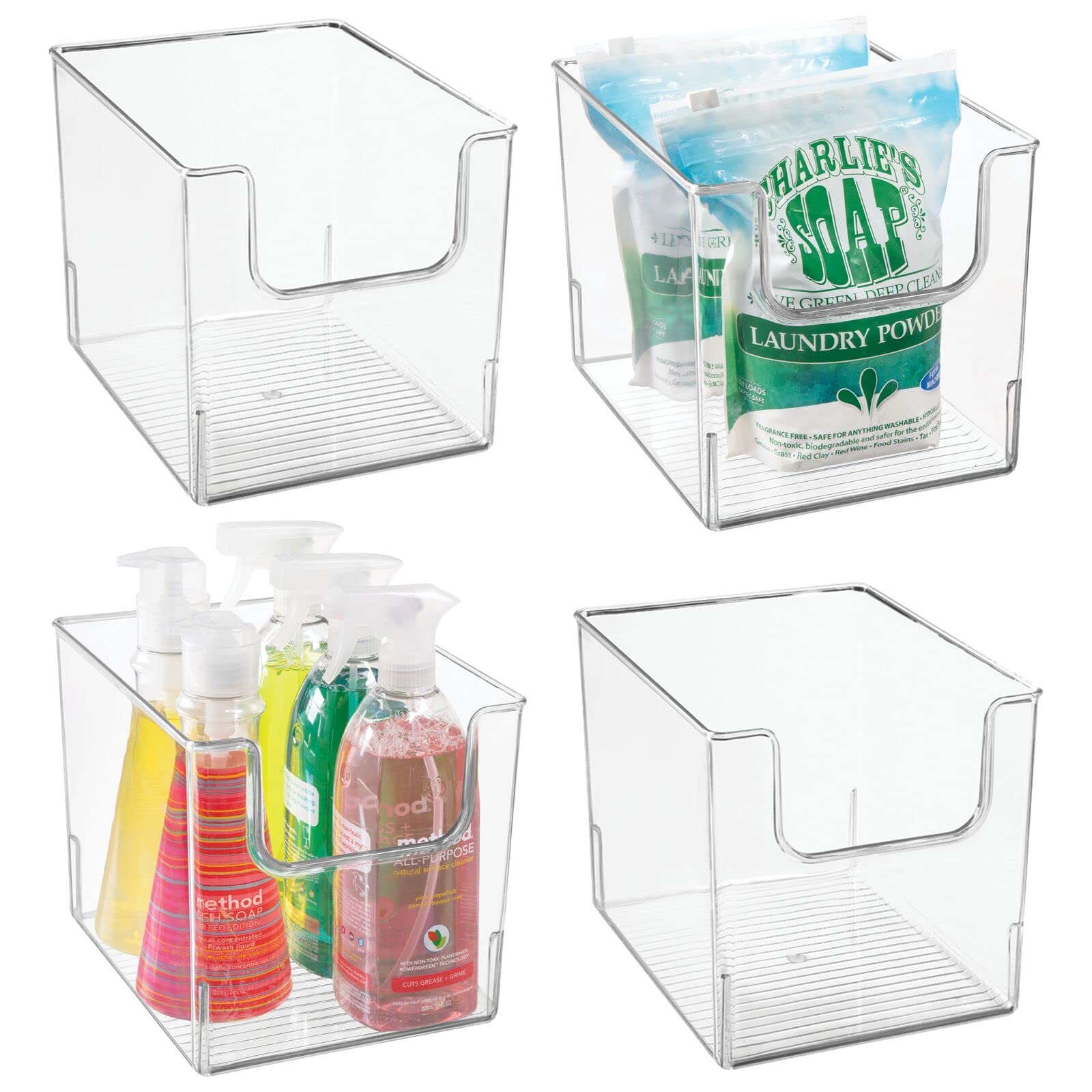 mDesign Plastic Household Storage Organizer Bins with Open Dip Front for Kitchen, Bedroom, Bathroom, Office, Craft or Playroom Organization - Holds Toys, Books - Ligne Collection, 4 Pack - Clear