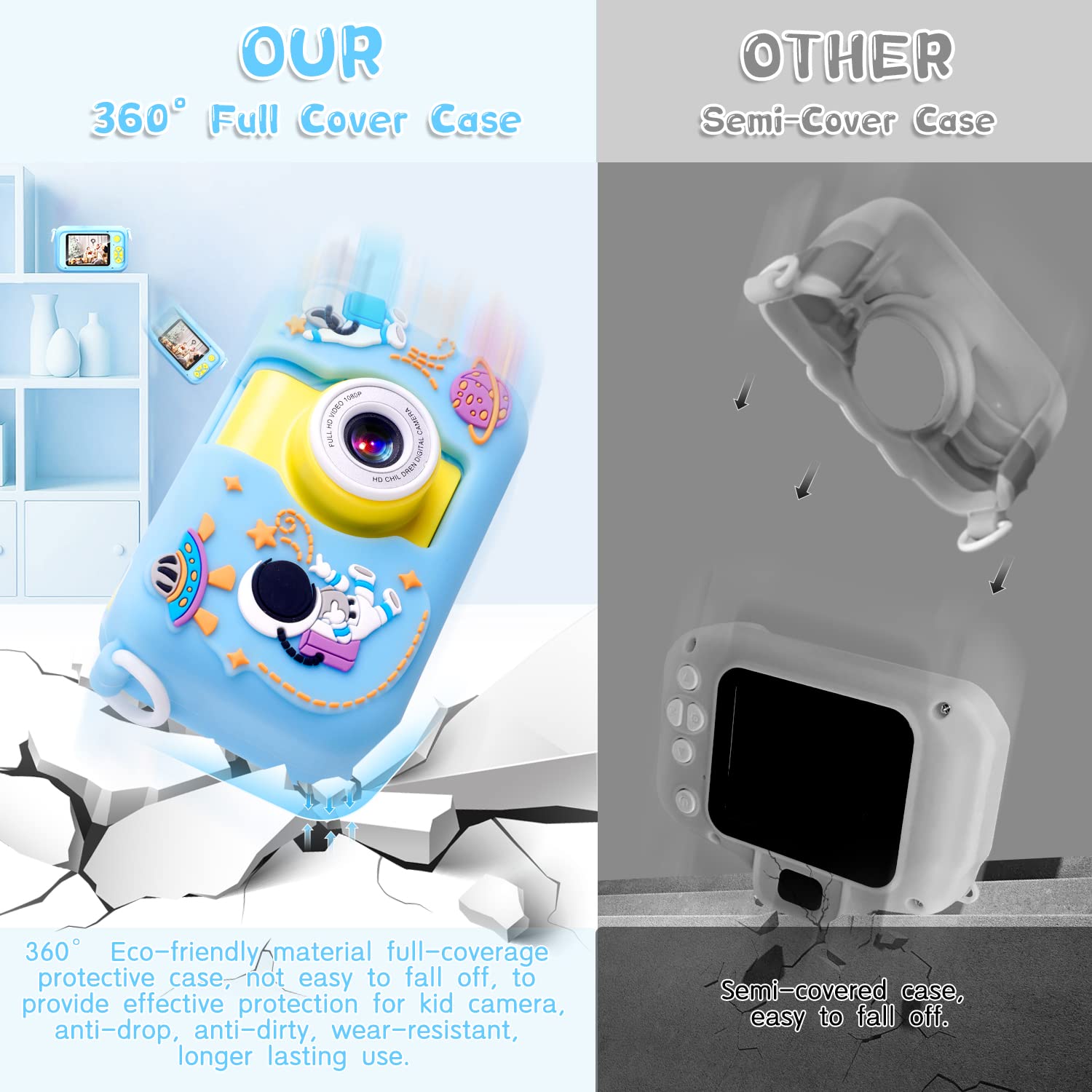 Kids Camera with 180° Flip-Up Lens, 2.4inch HD IPS Screen Digital Camera for Kids with Astronaut Silicone Case, with 32GB SD Card
