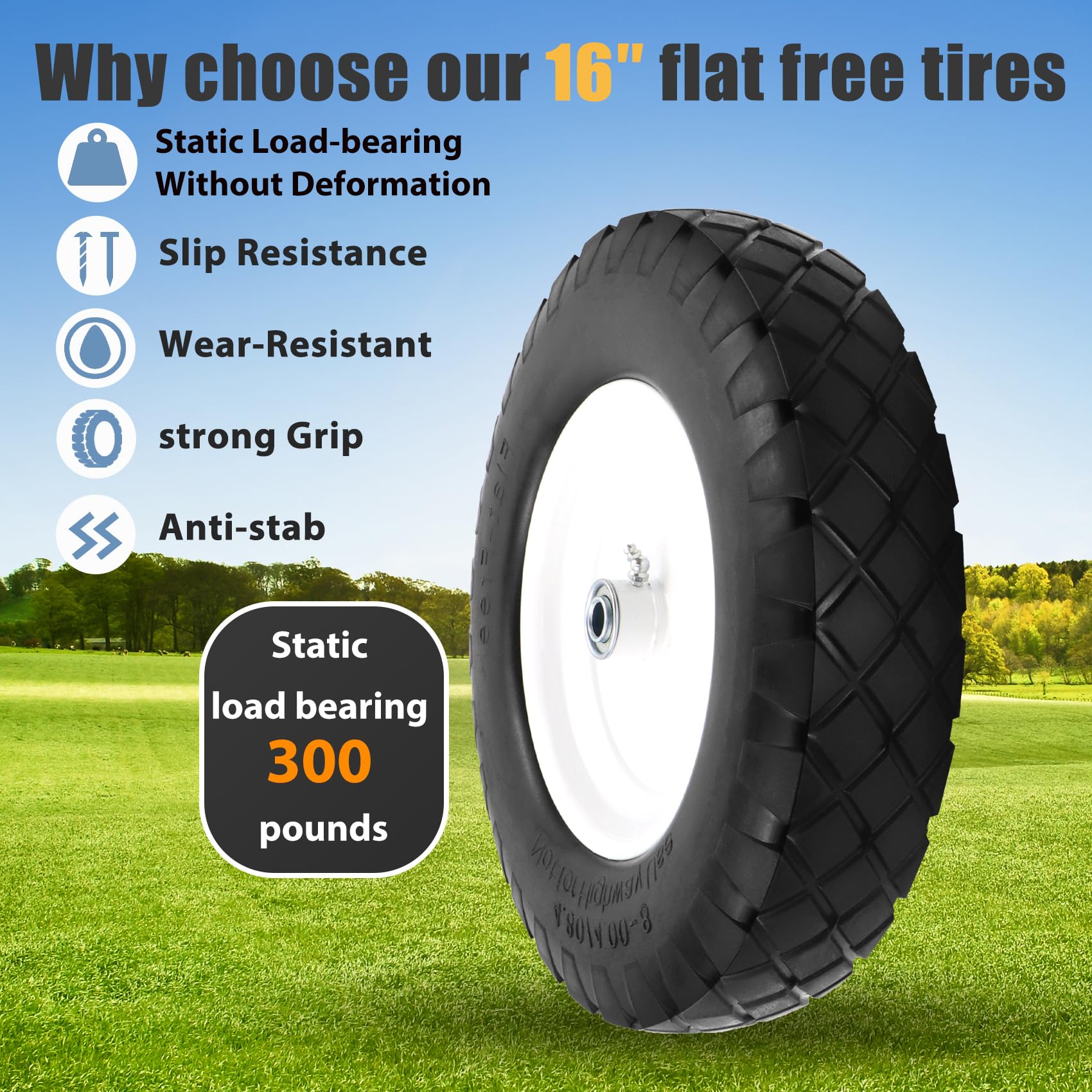 Pontuss Upgraded 16" Flat Free Wheelbarrow Wheels and Tires, 4.80/4.00-8 Solid Wheelbarrow Tires with 5/8"&3/4" Bearings,14"-16" Universal Fit Wheelbarrow Tires for Wheelbarrows/Garden Trailer