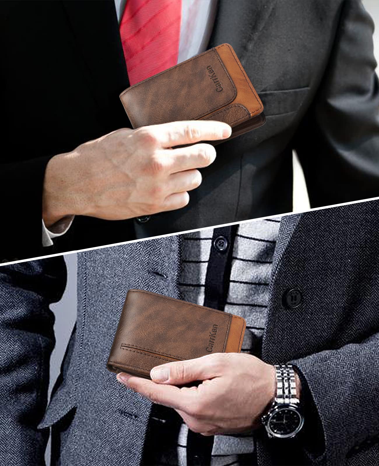 Mens Leather Wallet Front Pocket Bifold RFID Blocking Wallet With ID Window Packed in Stylish Gift Box for Gift (Stripe Coffee)