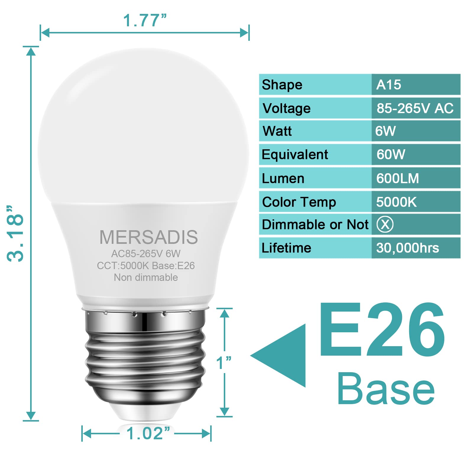MERSADIS 6-Pack LED Ceiling Fan Light Bulbs, 60 watt Equivalent, 5000K Daylight White, E26 Medium Base, A15 LED Appliance Bulbs Small, Non-dimmable