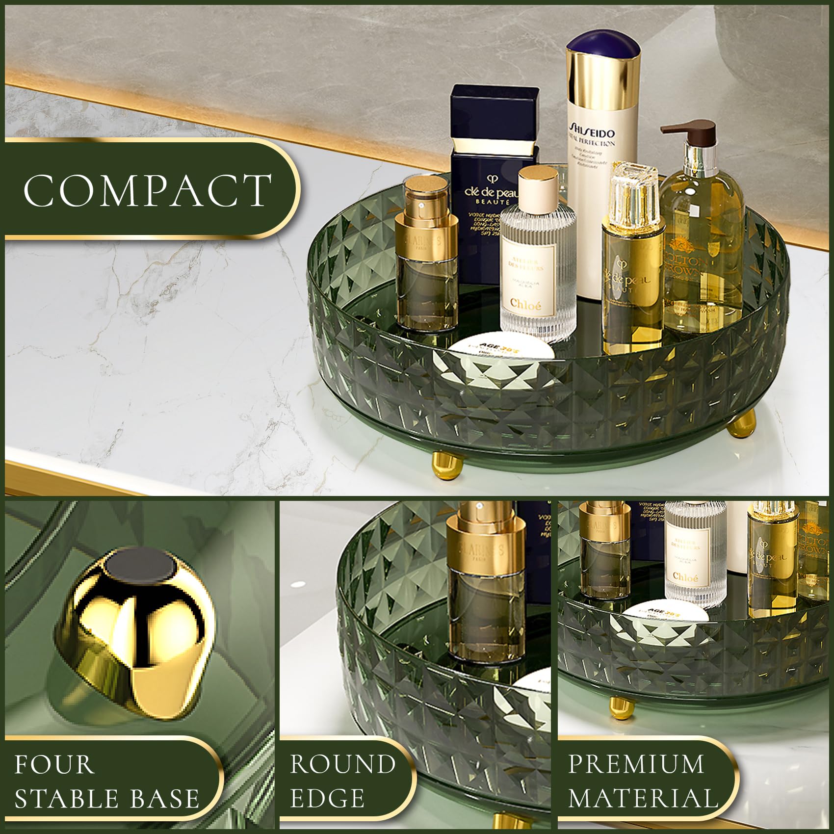 Lazy Susan Turntable Organizer for Cabinet, 360 Rotating Makeup Perfume Organizer for Vanity, Turntable Tray for Bathroom, Kitchen Sink Countertop Organizer for Spice (11-Dark Green)