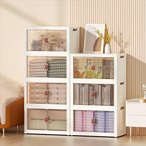 OEMVALATY 4-tier storage bins with lids,large plastic storage bins with lids and doors 60 Qt(16 Gal) per tier,closet organizers and storage,Stackable storage box,Folding Storage Box with Wheels