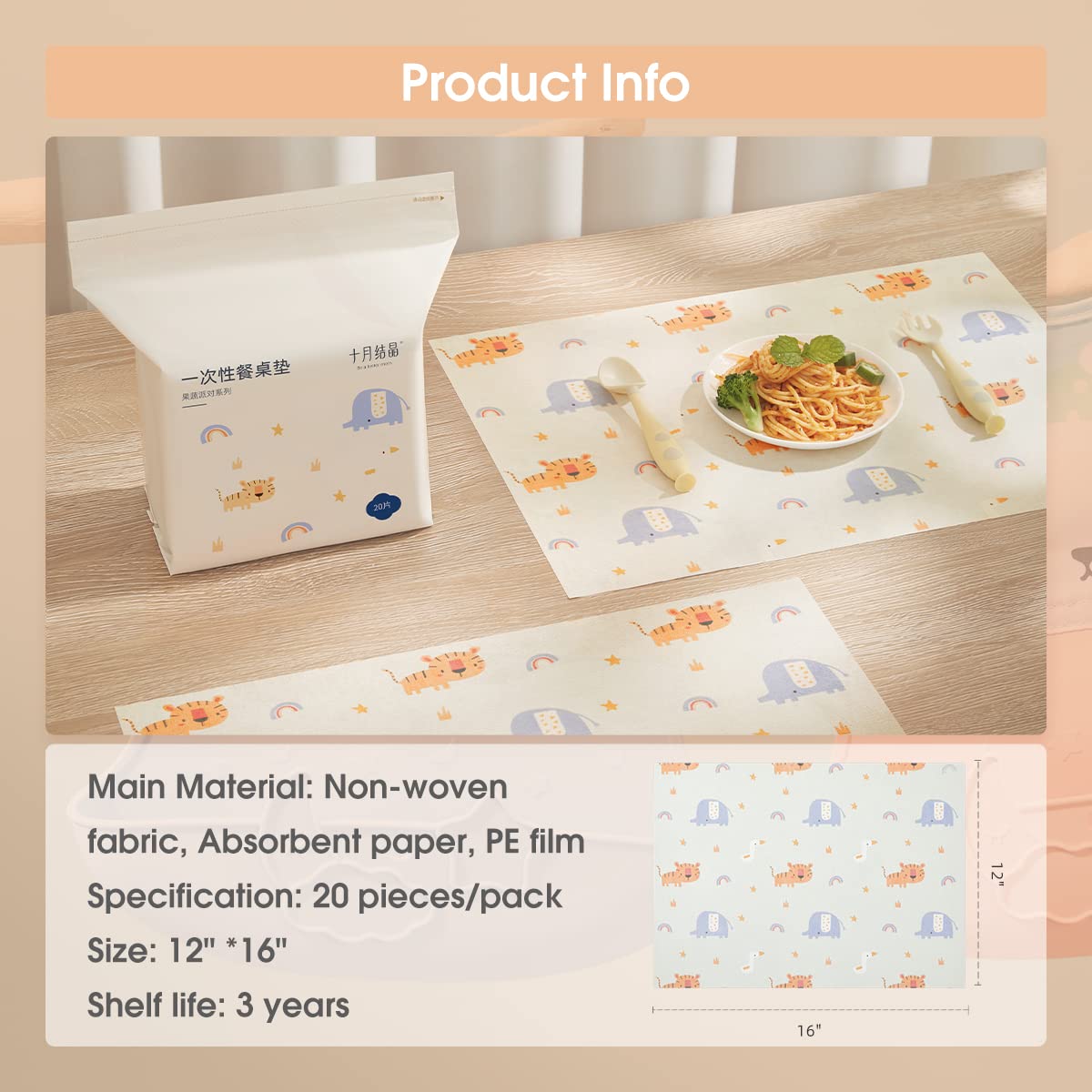 SEEDNUR Baby Disposable Placemat Stick-on Placemats 20 Pack for Baby & Kids, Restaurant Table Mats 12" x 16" Sticky Place Mats (Fruit)