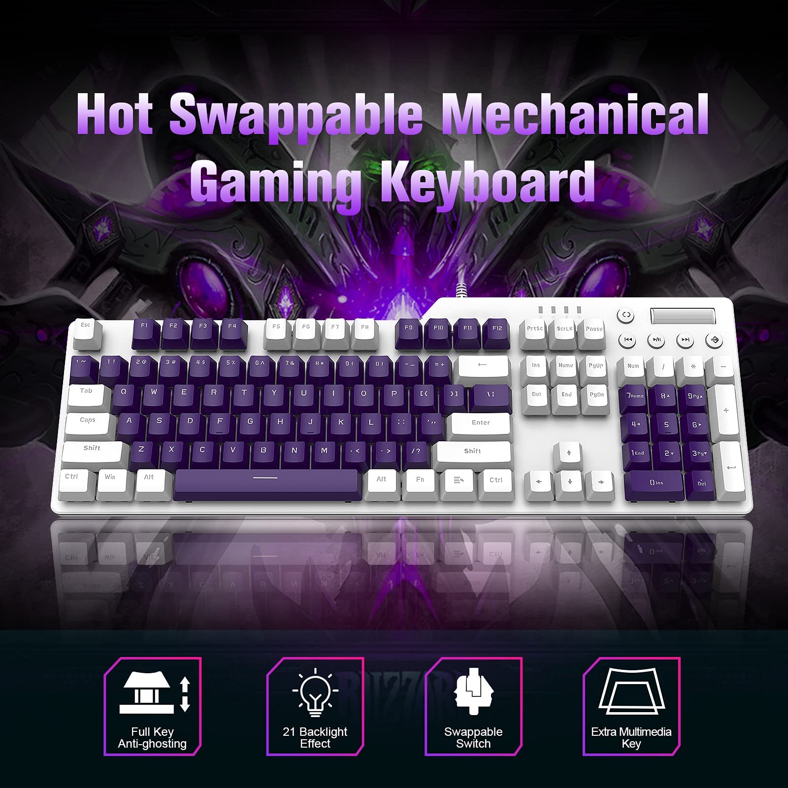 Mechanical Gaming Keyboard Hot Swappable with Multi Monochromatic Backlight 104 Key Anti-ghosting Ergonomic Metal Plate Multimedia Key USB Wired for PC Mac Gamer Office Typist(White Purple/Red Switch)