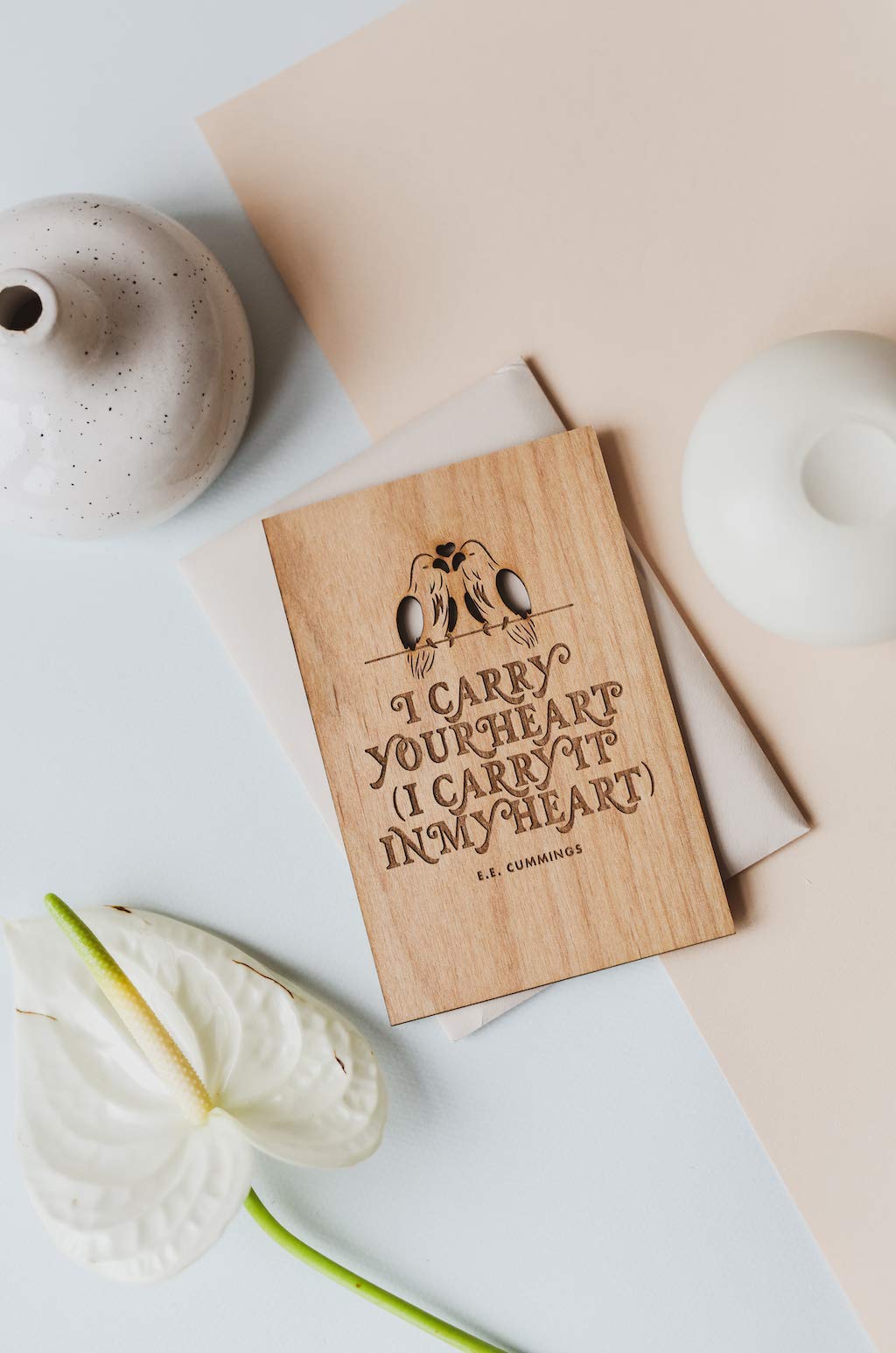 I Carry Your Heart Lovebirds E.E. Cummings Wood Card [Personalized Gifts, Custom Message, Anniversary, Wedding, Birthday, Just Because]