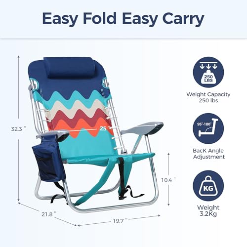 LET'S CAMP Backpack Beach Chair Set of 2, 4-Position Classic Lay Flat, Pillow and Padded Shoulder Straps, Storage Pouch and Towel Bar, Support 250LBS, Wave