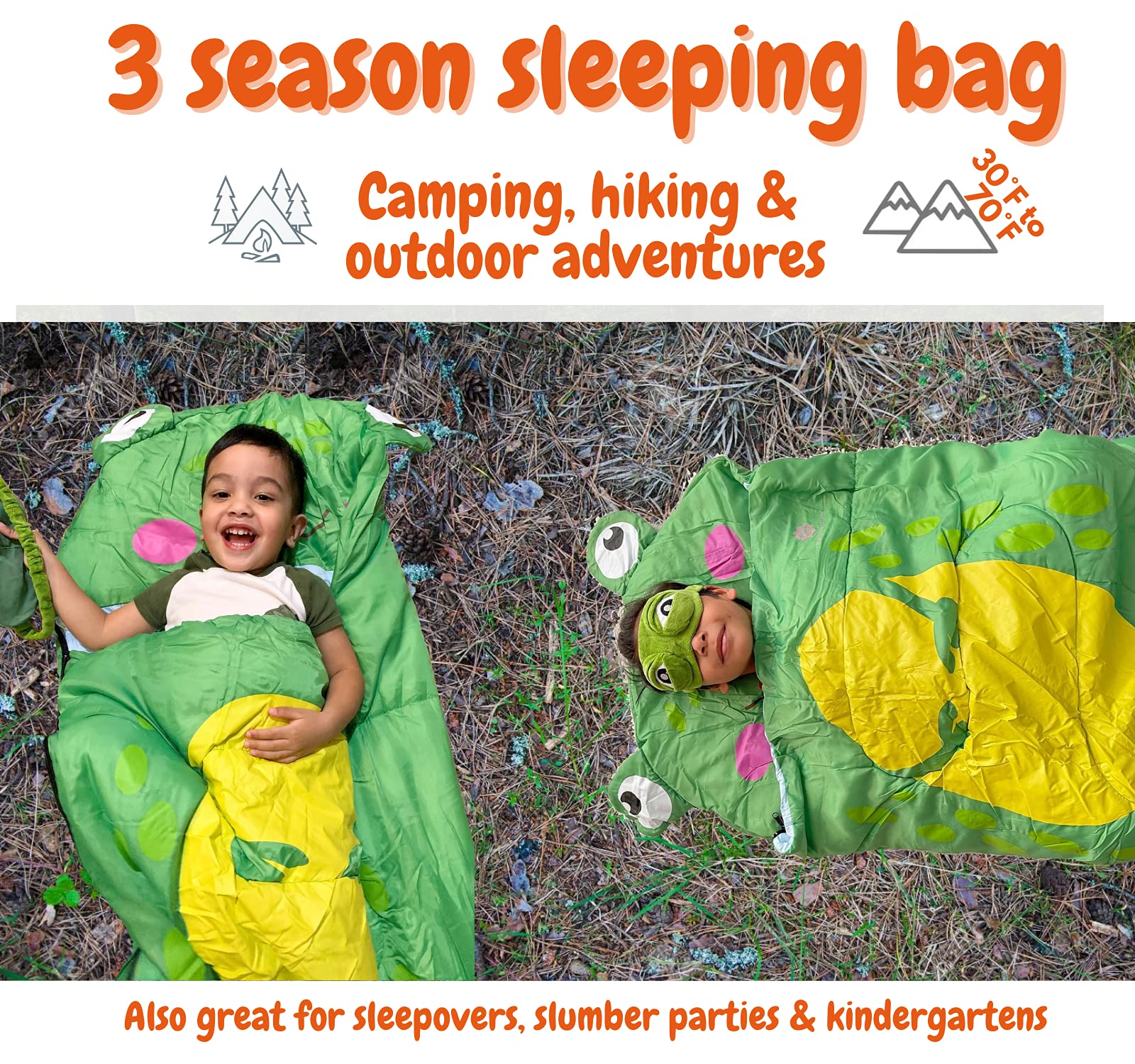 Kids Camping Sleeping Bag with Sleeping Mask, Waterproof, Durable & Lightweight, Ideal for Hiking, Camping & Outdoor Adventures, Frog Pattern