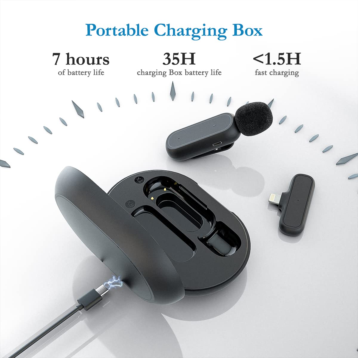 LAEFTDERM Wireless Lavalier Microphone, Lightning Port, Portable Charging Case, Long Battery Life, Manually Adjustable Noise Reduction, 50ft Audio Range, Compatible with iPhone & iPad