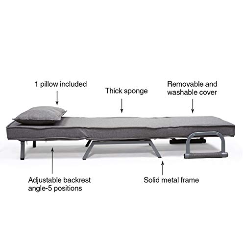 JAXPETY Sofa Bed Folding Arm Chair Single Sleeper Bed Chair, Leisure Recliner Lounge Couch w/Pillow and 5 Position Adjustable Backrest for Home Office, Gray