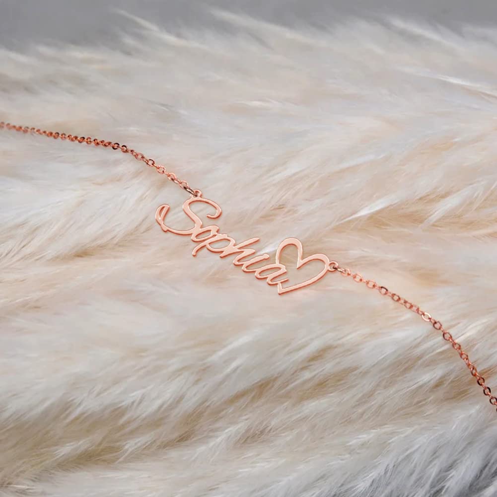 Laffyett Name Necklace Personalized with Heart Stainless Steel Custom Name Necklace Gifts for Women