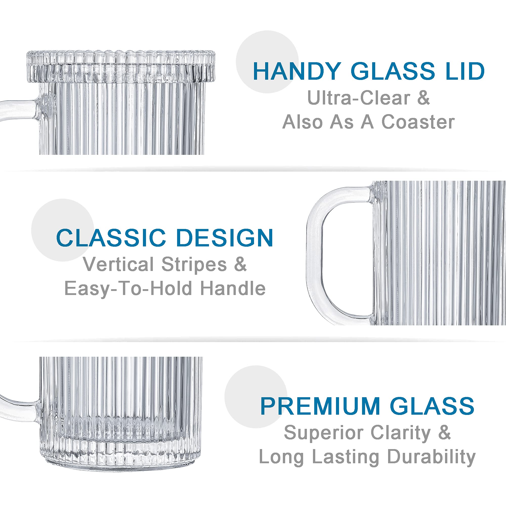 Lysenn Pink Glass Coffee Mug - Classic Vertical Stripes Tea Mug - Elegant Coffee Cup with Glass Lid for Latte, Espresso - Lovely Gift for Christmas, Anniversary and Birthday - 11 oz