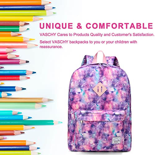 VASCHY Backpack for School, Lightweight Water Resistant Bookbag Casual Daypack for Middle School Teen Girls Pink Galaxy