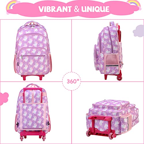 VASCHY Rolling Backpack Kids, 17in Water Resistant Large Schoolbag Carry-on Travel Trip Bag with Wheels for Girls Unicorn