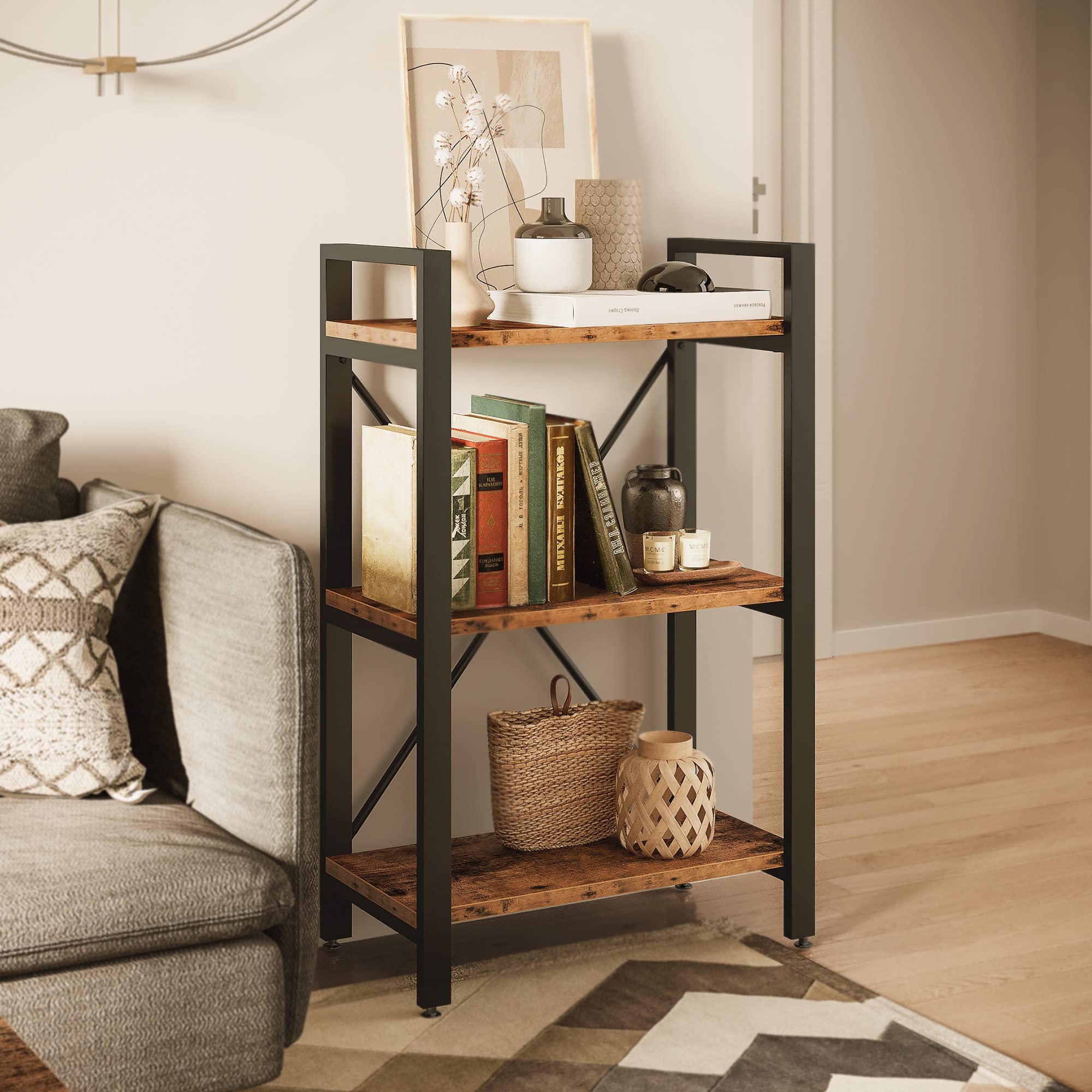 IRONCK Bookshelf Industrial Bookcase Home Decor, Wood Look Accent Furniture Metal Frame