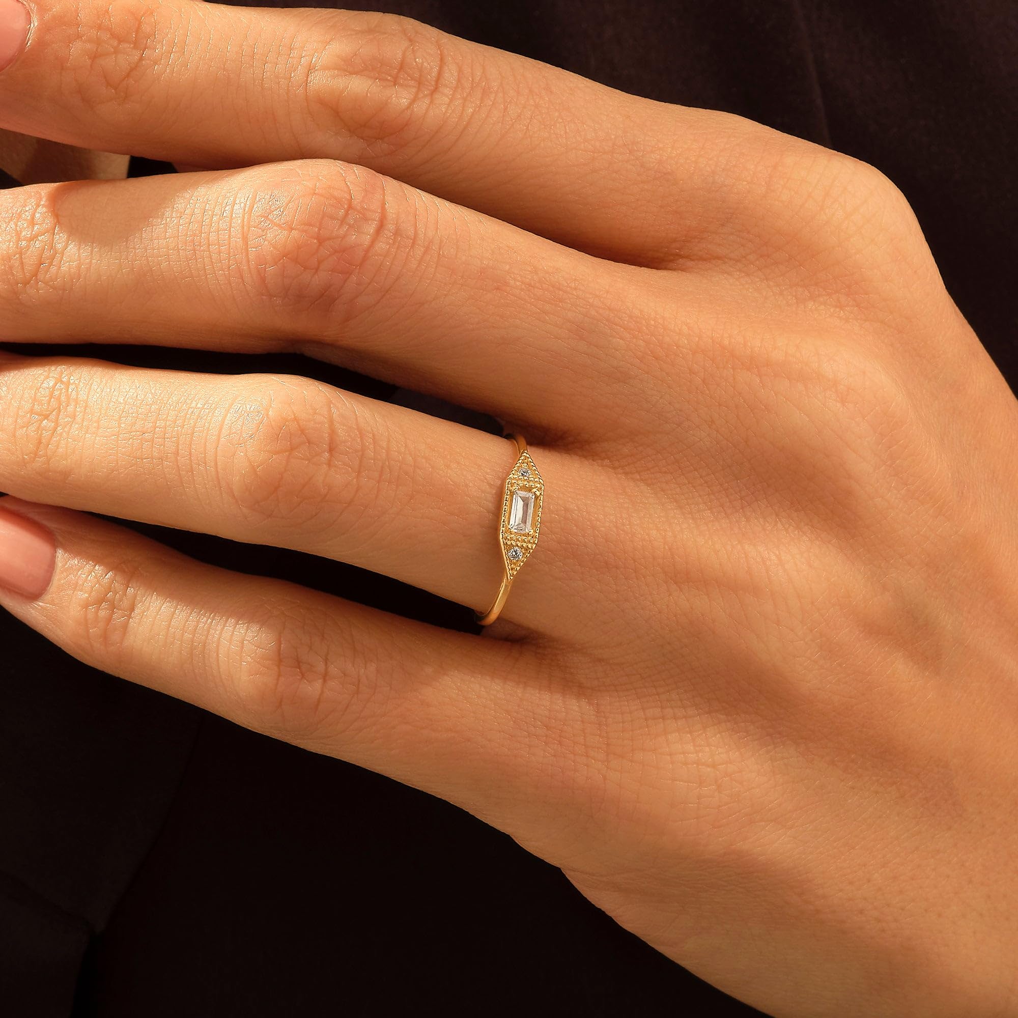 Norm Jewels 14k Gold Pinky Ring for Women Vintage Design Stackable Rings, Baguette Cz Rings, Solid Gold Rings, Real Gold Band Statement Ring (Yellow Gold, 6)