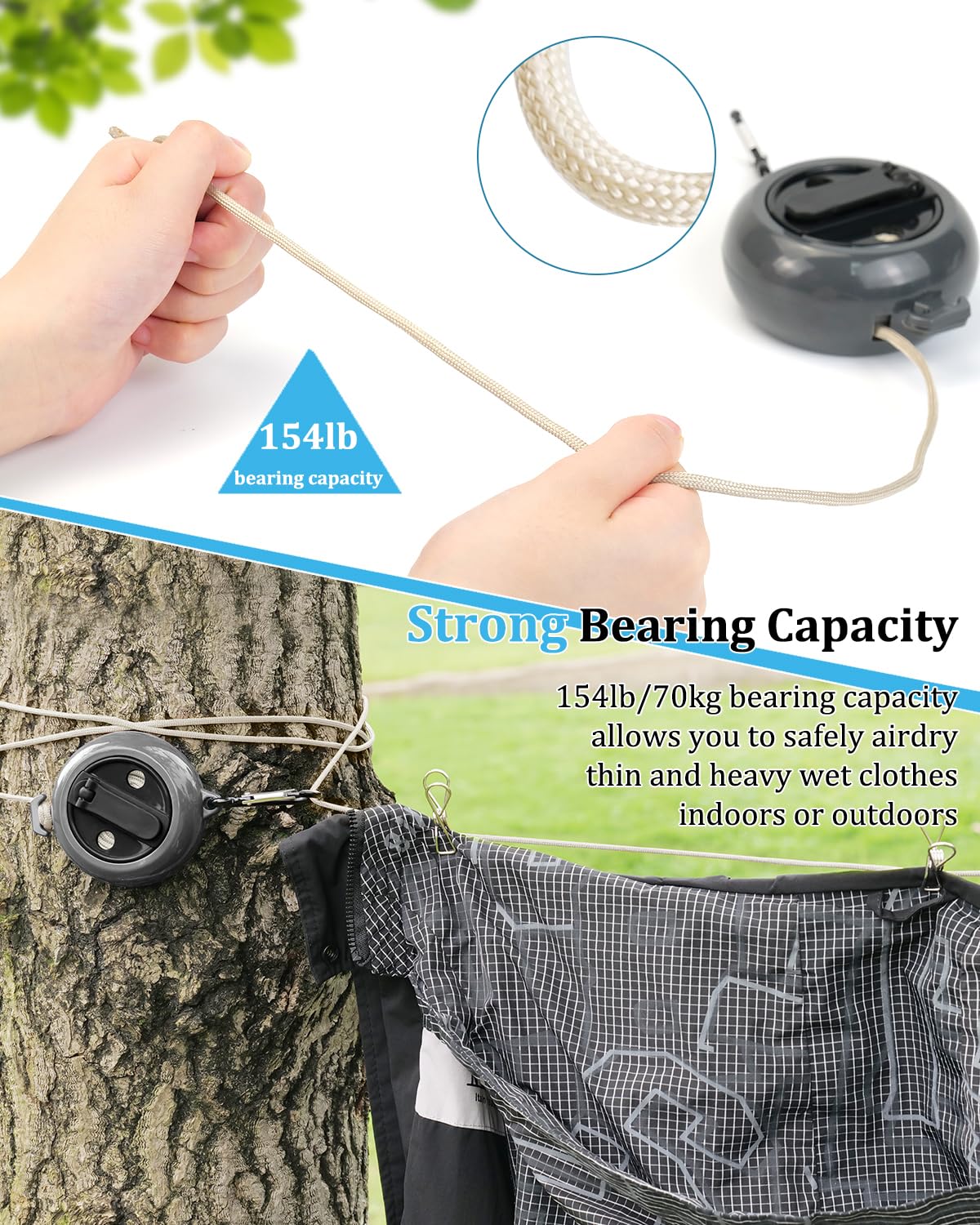 Portable Travel Clothesline, 32.8ft Retractable Clothesline, Camping Clothes Line with 20 Clothespins & 10 Stoppers, Clothes Lines for Hanging Clothes Outside, Indoor or Outdoor (Grey-Black)