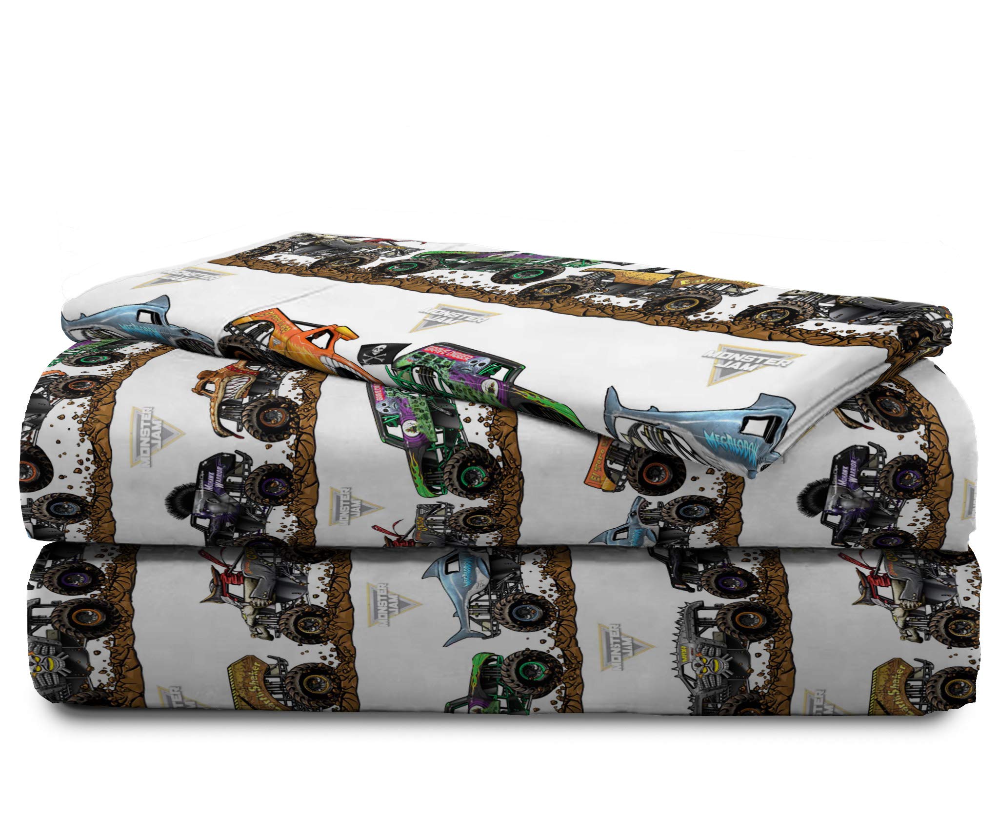 Jay Franco Monster Jam Tracks Queen Sheet Set - 4 Piece Set Super Soft and Cozy Kid's Bedding Features Grave Digger & Megalodon - Fade Resistant Microfiber Sheets (Official Monster Jam Product)